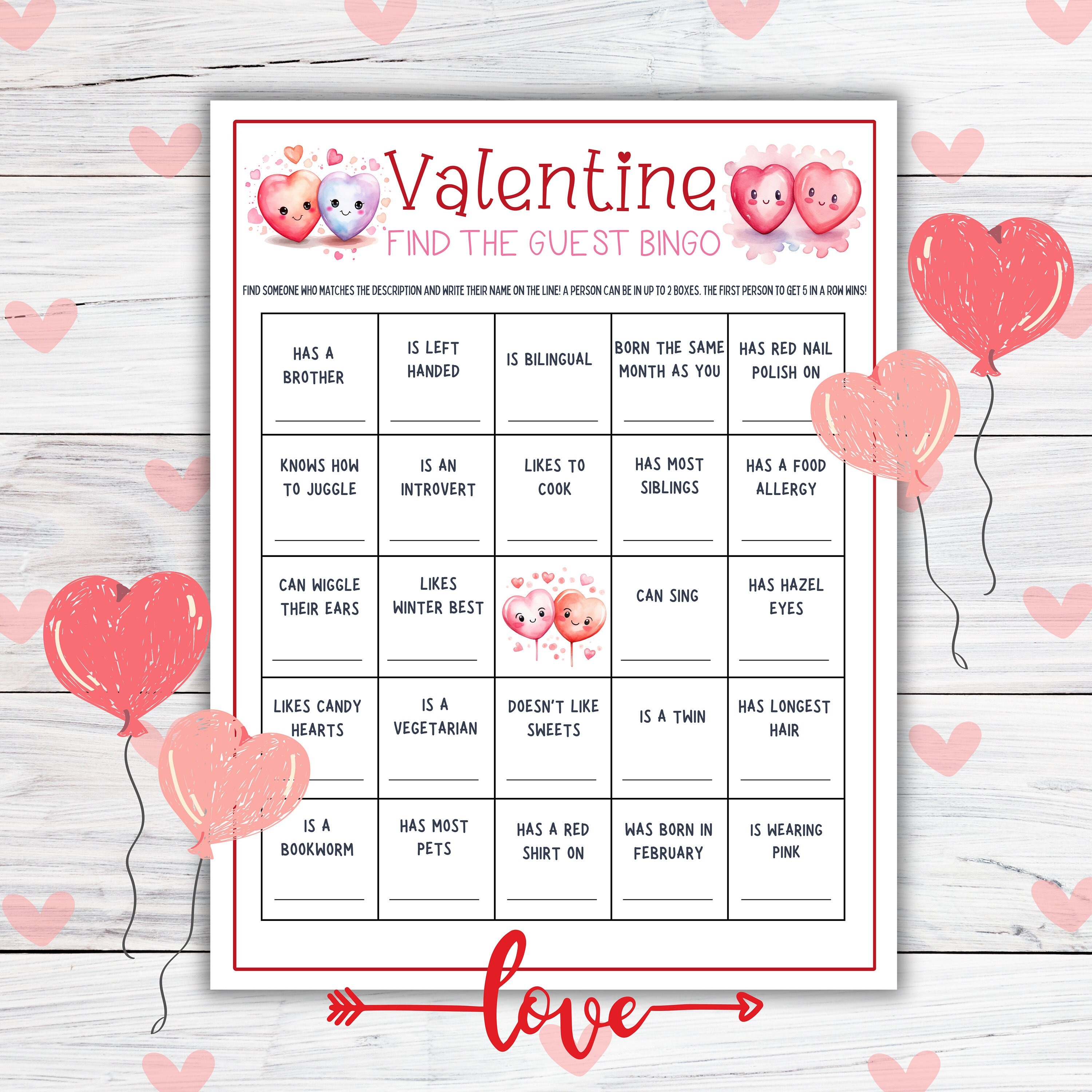 Kawaii Valentine Find the Guest Bingo Game, Valentines Day Icebreaker ...