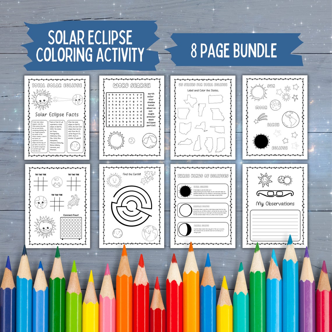 2024 Solar Eclipse Kids Coloring Activity Book Pages, April 8, 2024 ...