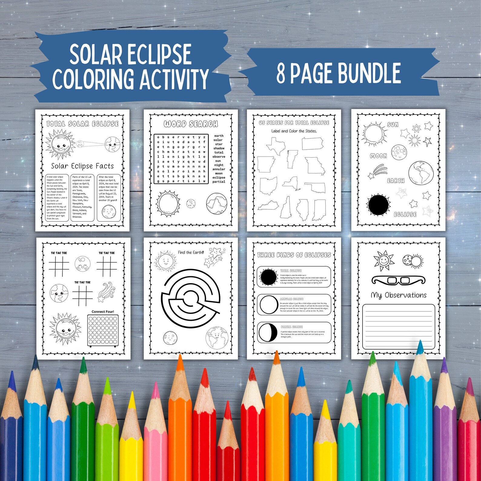 2024 Solar Eclipse Kids Coloring Activity Book Pages, April 8, 2024 ...