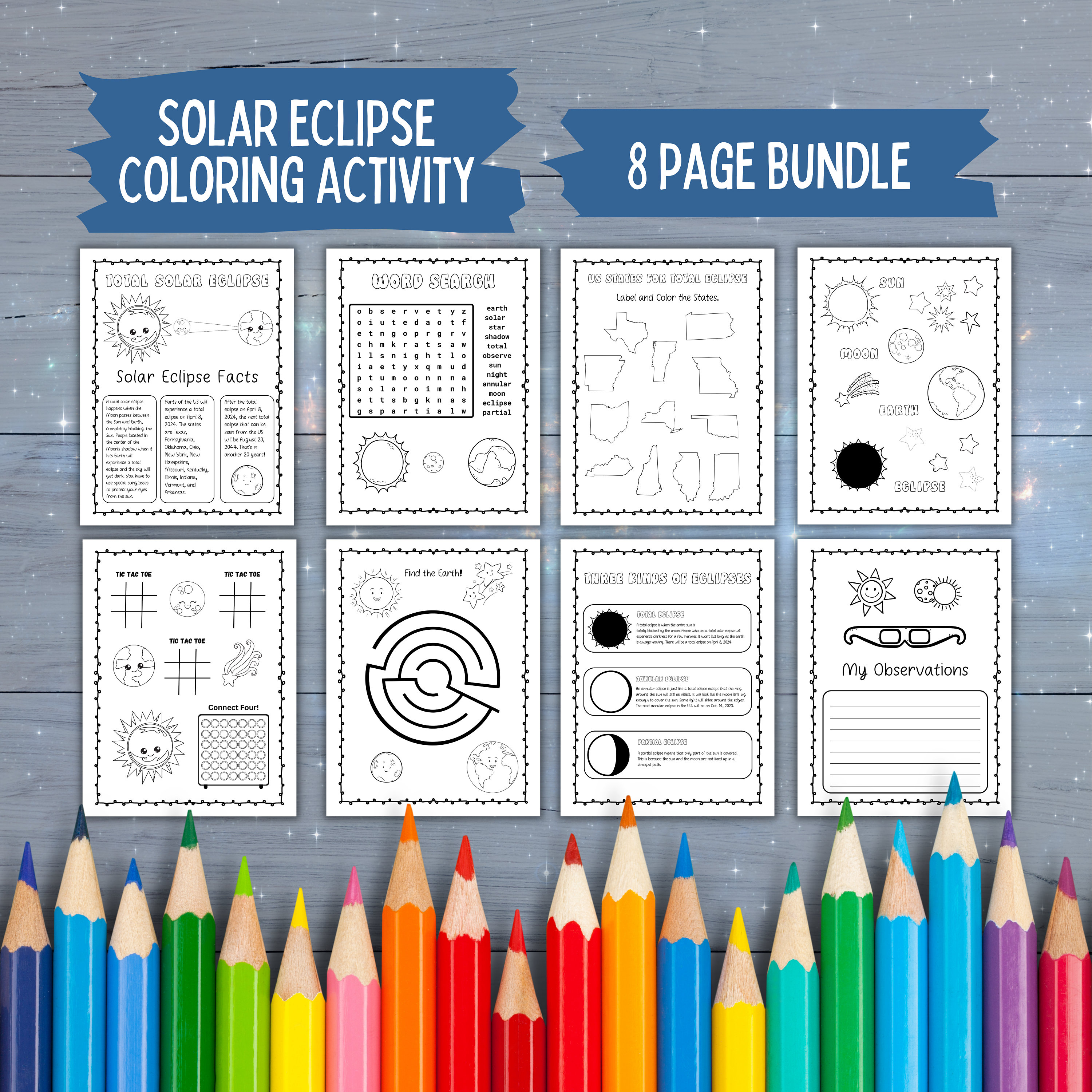 2024 Solar Eclipse Kids Coloring Activity Book Pages, April 8, 2024 ...