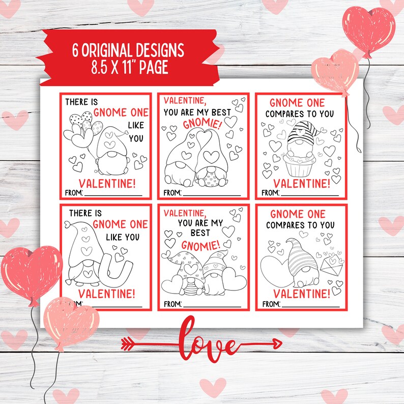 Gnome Valentine Coloring Cards Printable, Simple Tween Classmate Punny ...