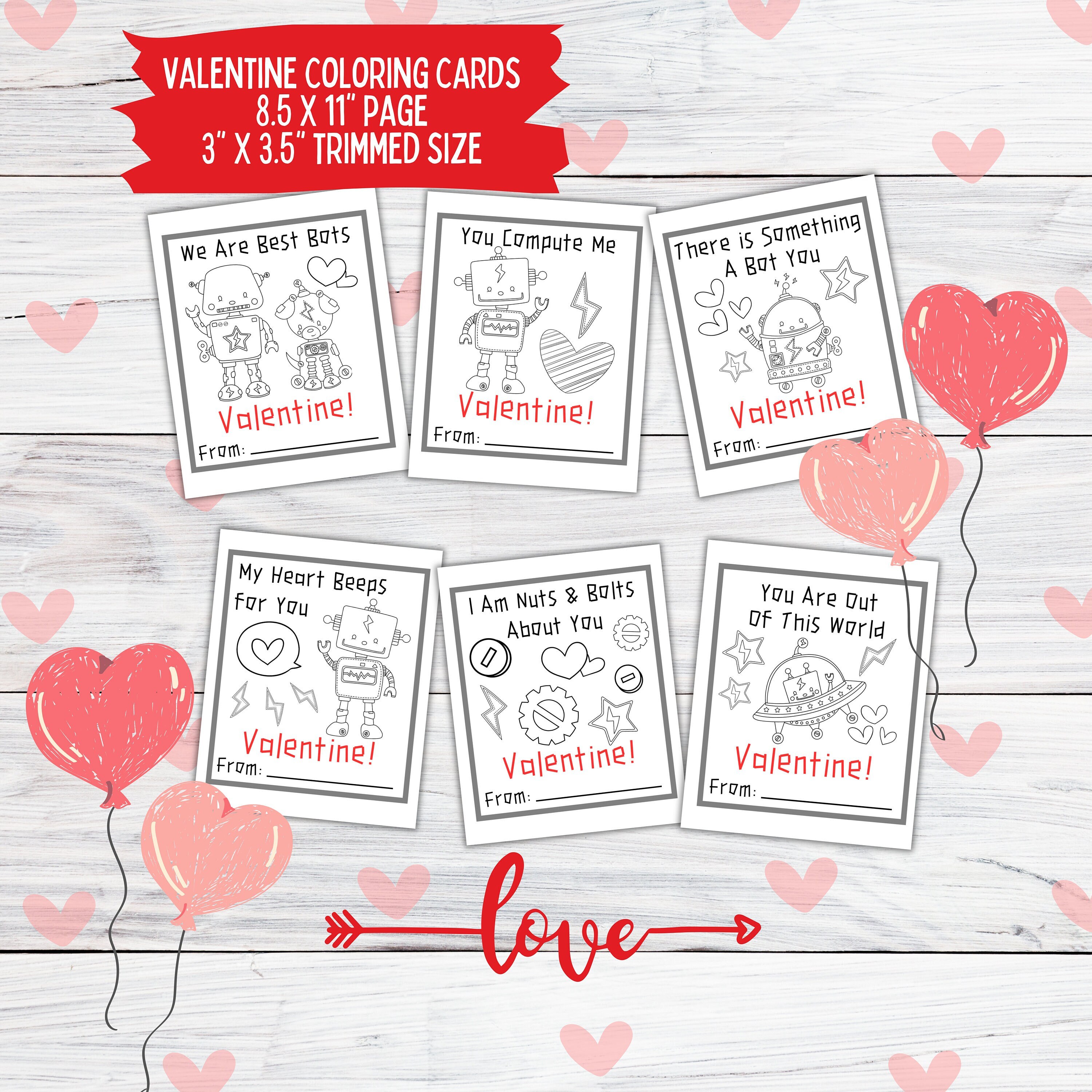 Robot Valentine Coloring Cards Printable, Simple Tween Classmate Punny ...