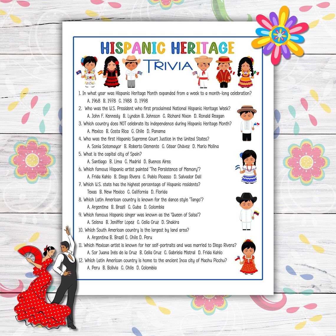 Hispanic Heritage Trivia Game, Hispanic Heritage Month Printable Trivia ...