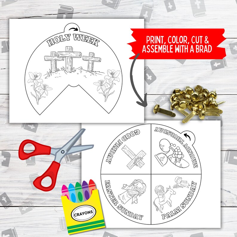 Holy Week Easter Story Coloring Wheel, Holy Week Printable Kawaii Kid ...