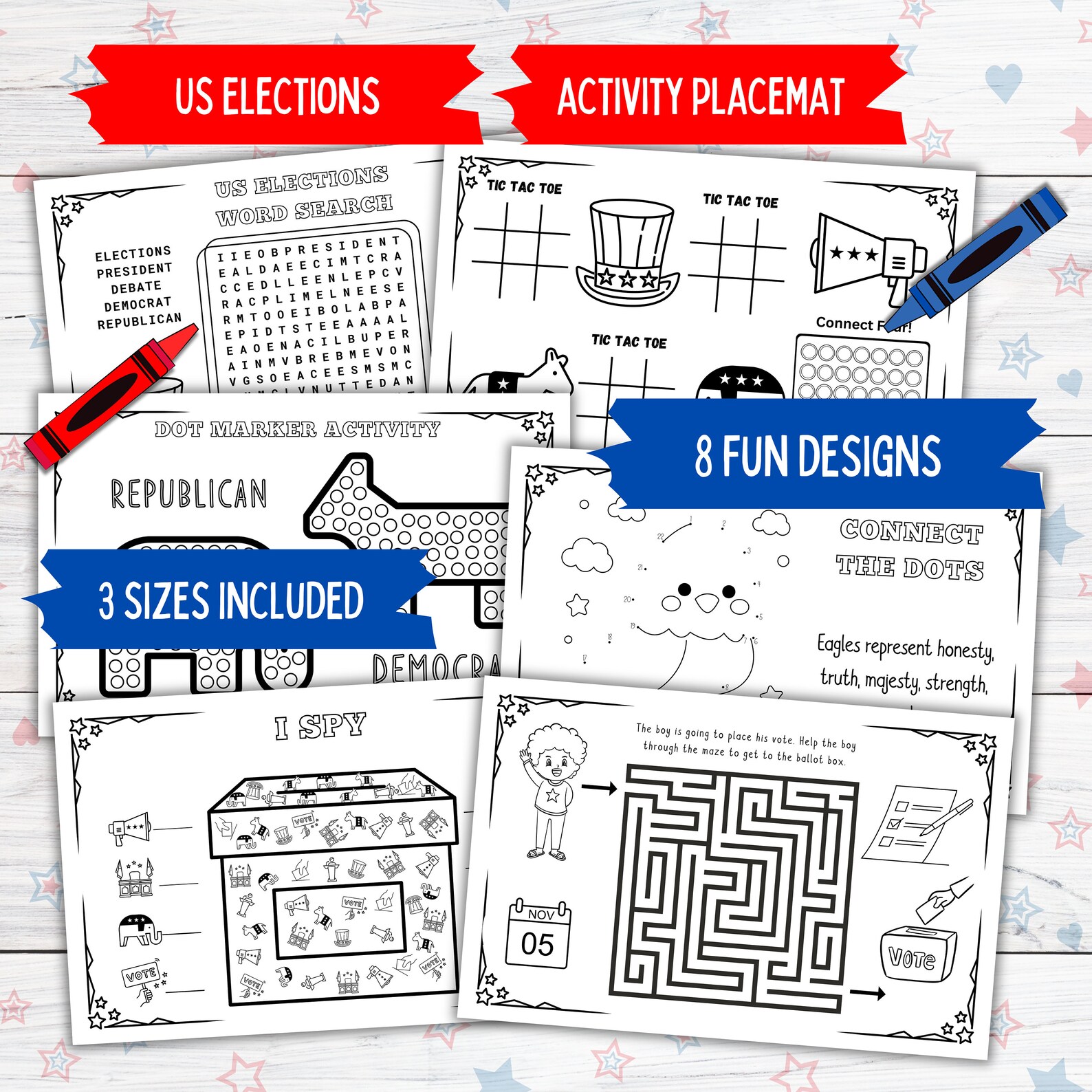 US Election Day Coloring Activity Placemats, US Election Day Games ...