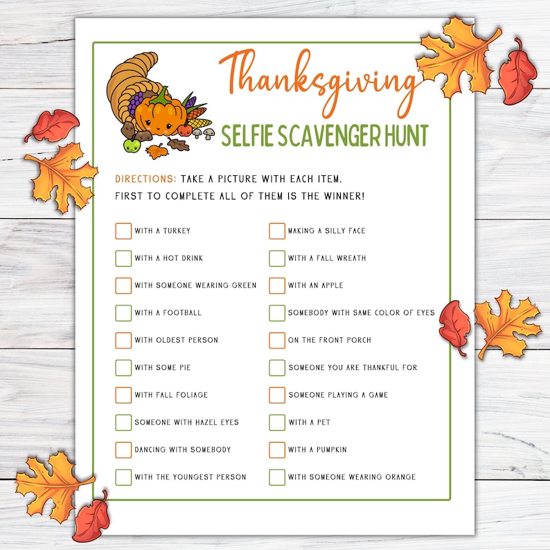 Thanksgiving Selfie Scavenger Hunt, Thanksgiving Party Game ...