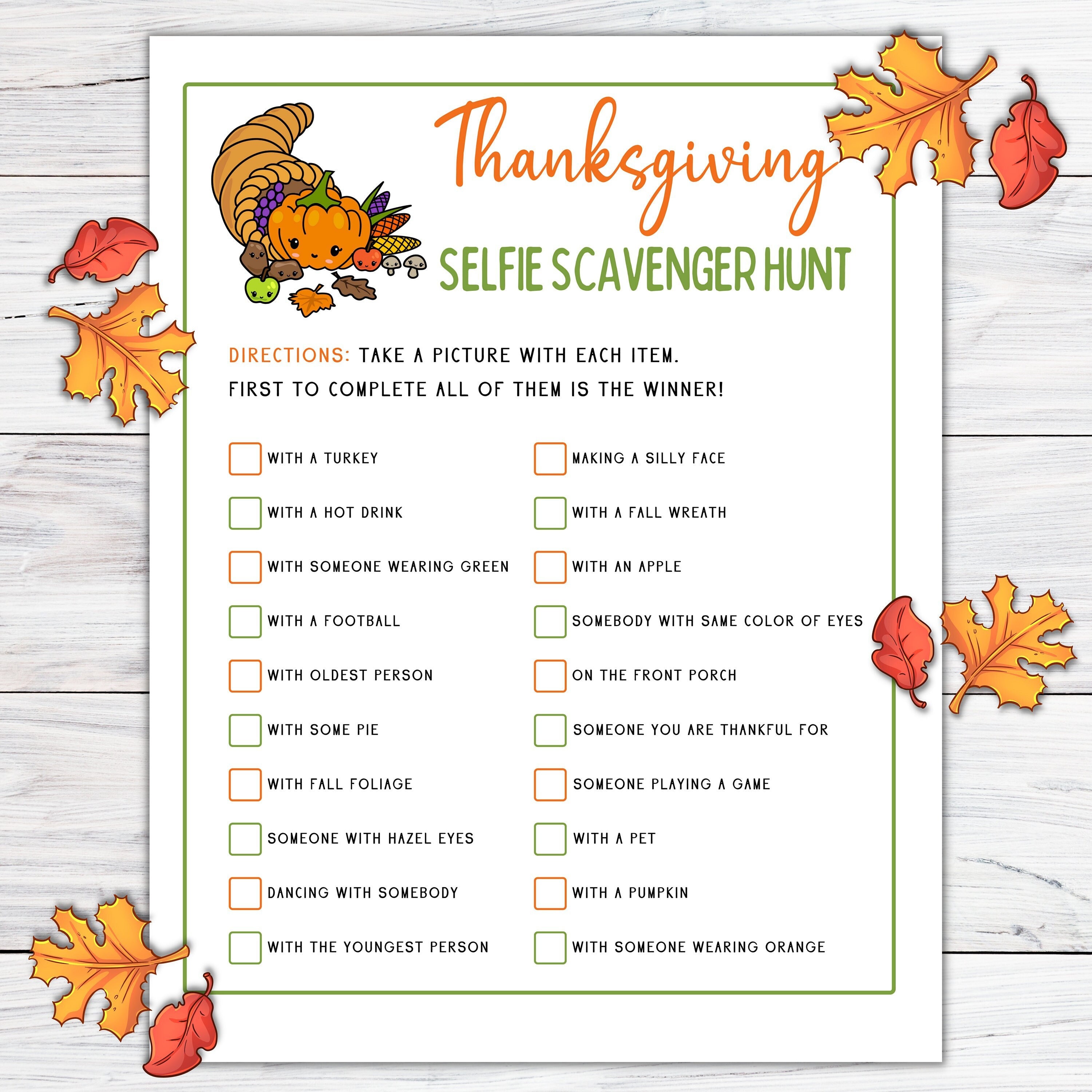 Thanksgiving Selfie Scavenger Hunt, Thanksgiving Party Game ...