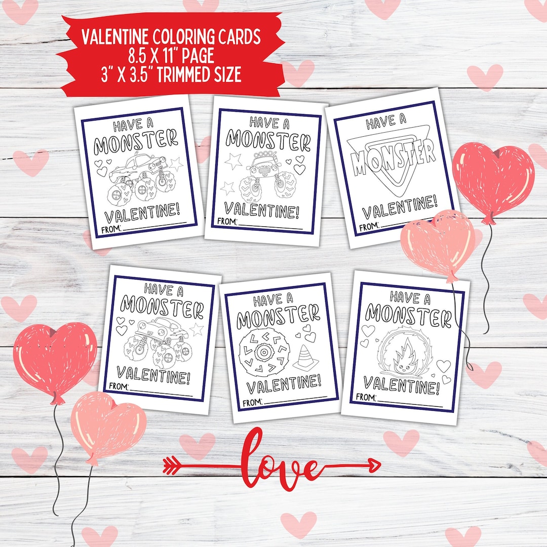Monster Truck Valentine Coloring Cards Printable, Simple Classmate ...