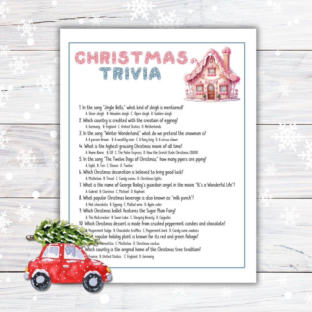 Christmas Trivia Game, Pink Gingerbread House, Printable Christmas ...