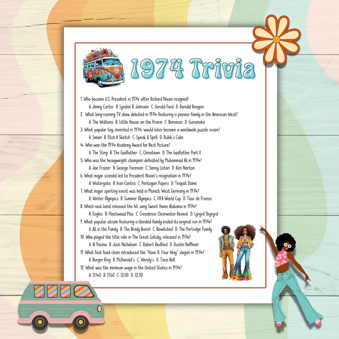 1974 Trivia Game Printable, Born in 1974 Birthday 51st Birthday Party ...
