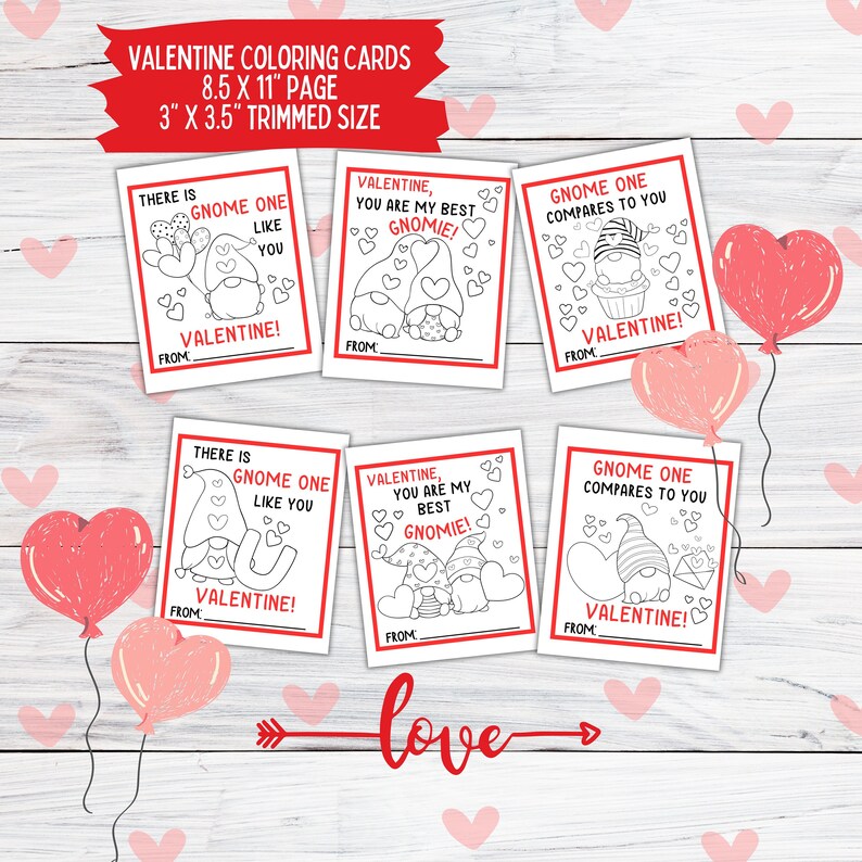 Gnome Valentine Coloring Cards Printable, Simple Tween Classmate Punny ...