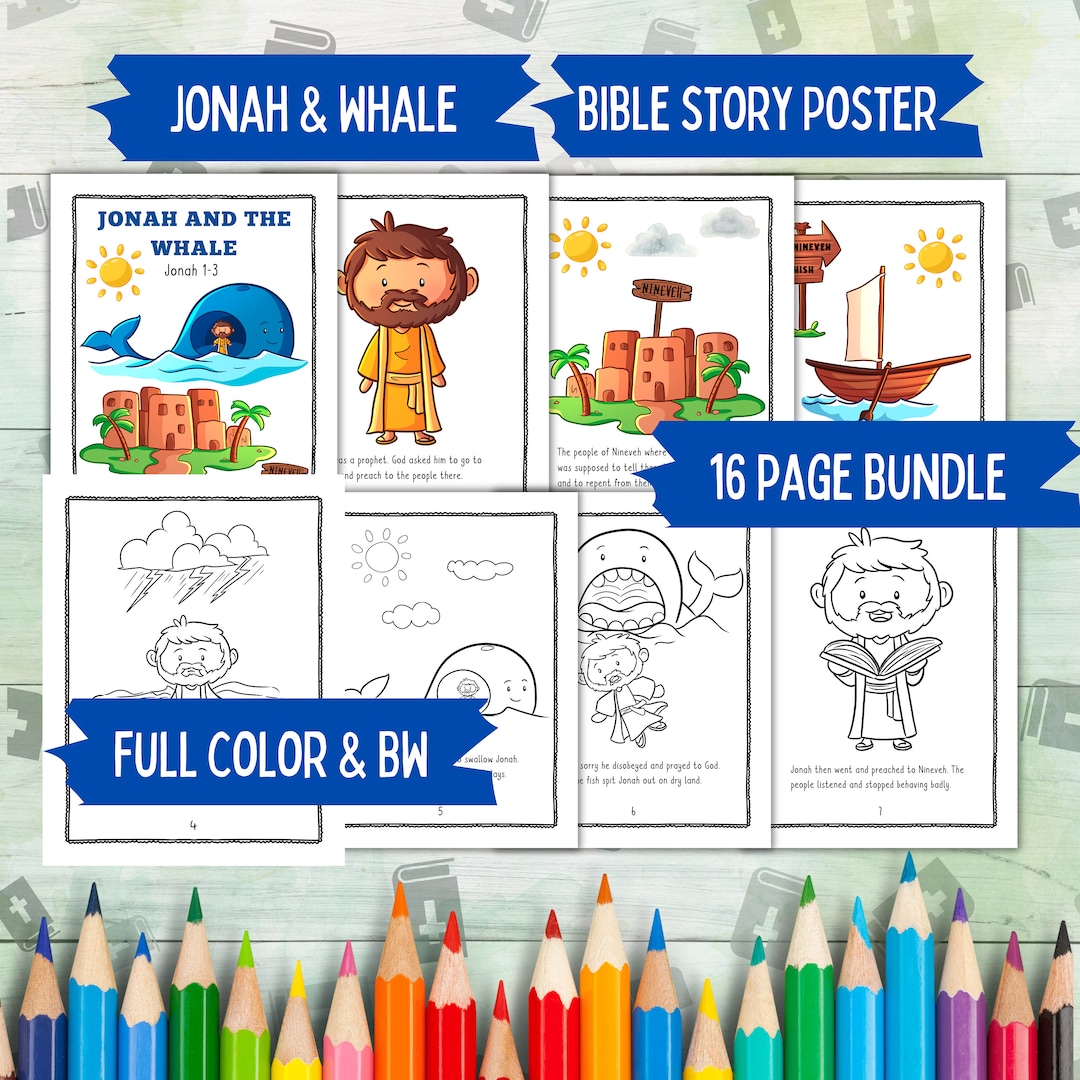 Jonah and the Whale Kids Bible Story Lesson, Kids Bible Heroes Coloring ...