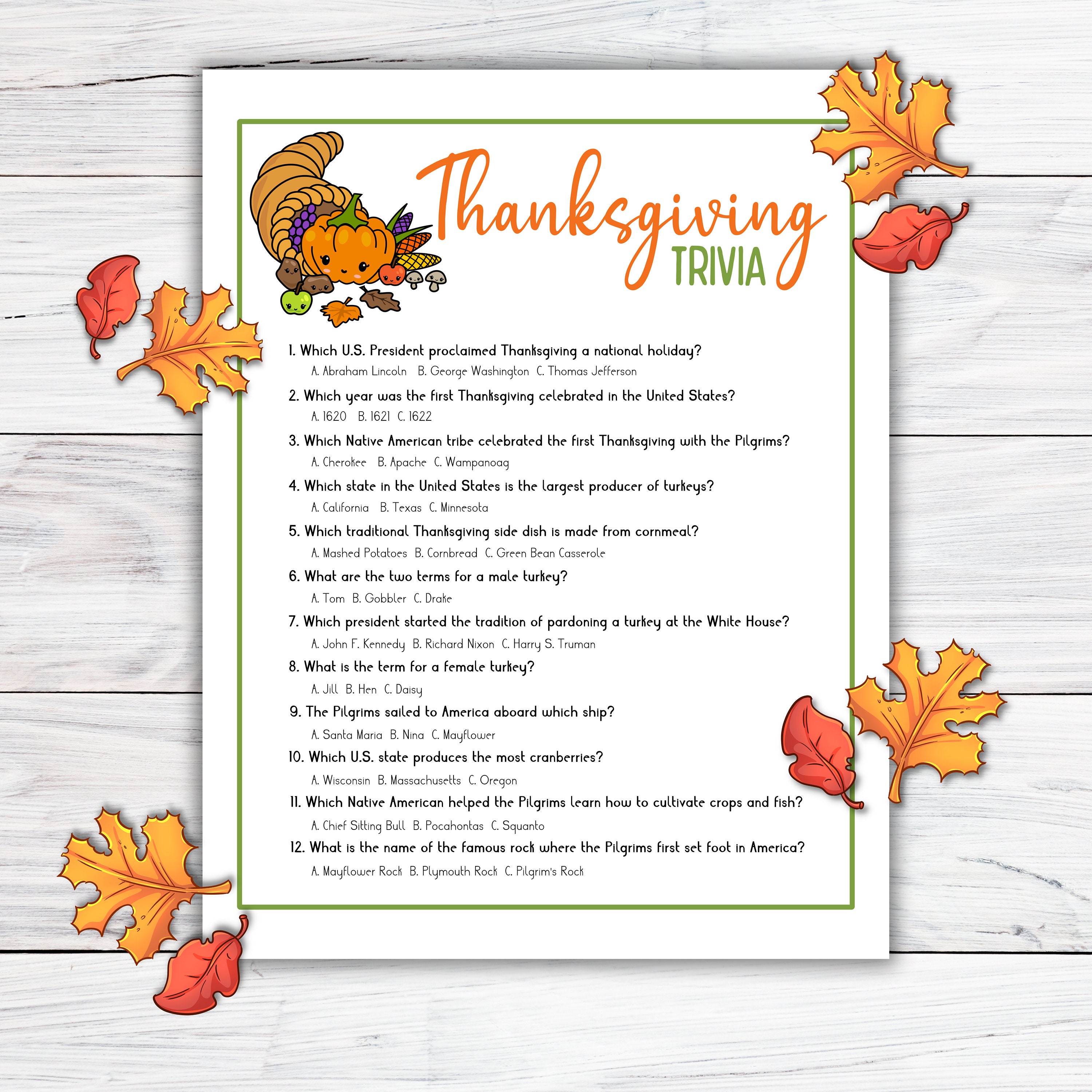 Thanksgiving Trivia Game, Printable Thanksgiving Game, Thanksgiving ...