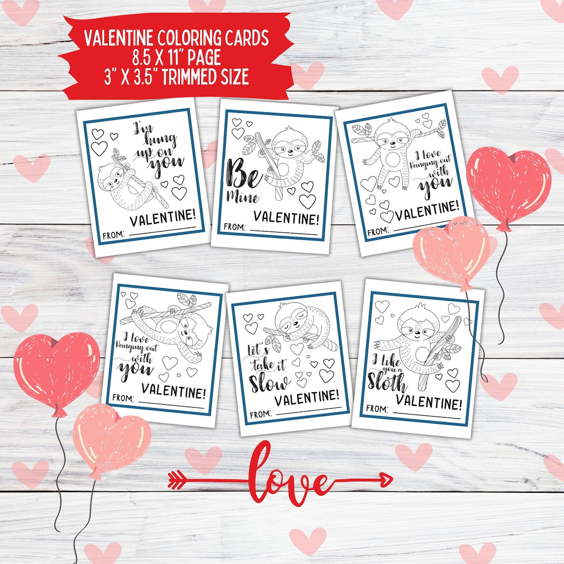 Cute Sloth Valentine Coloring Cards Printable, Simple Classmate Punny ...