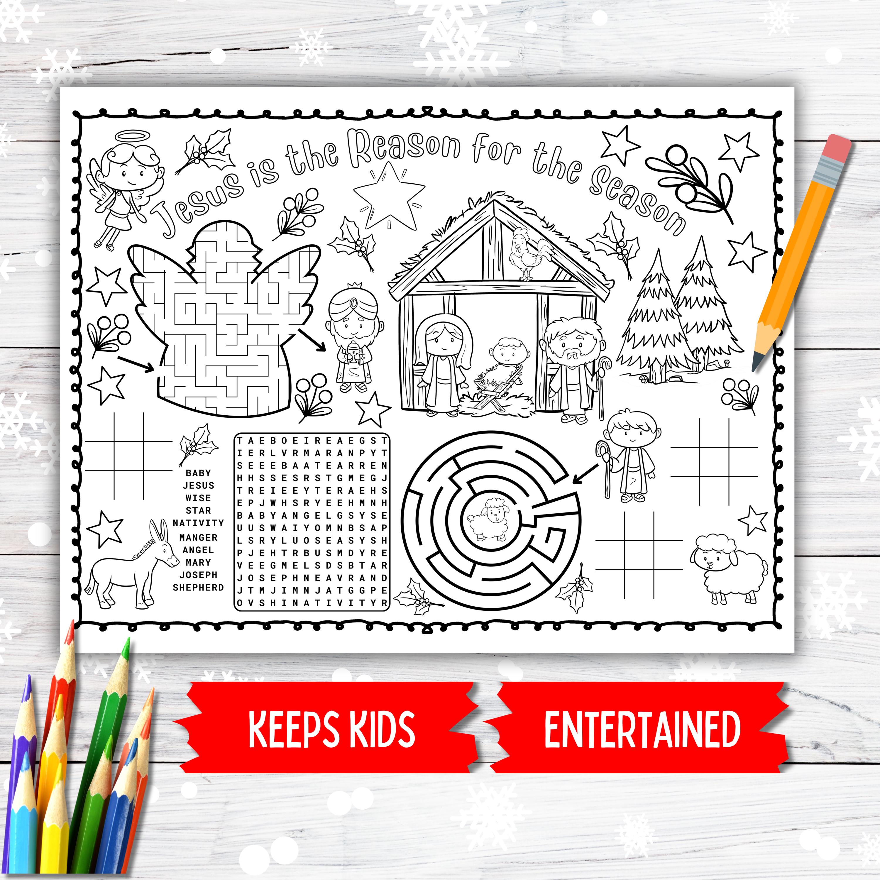 Nativity Coloring Activity Placemat, Printable Kids Nativity Bible ...