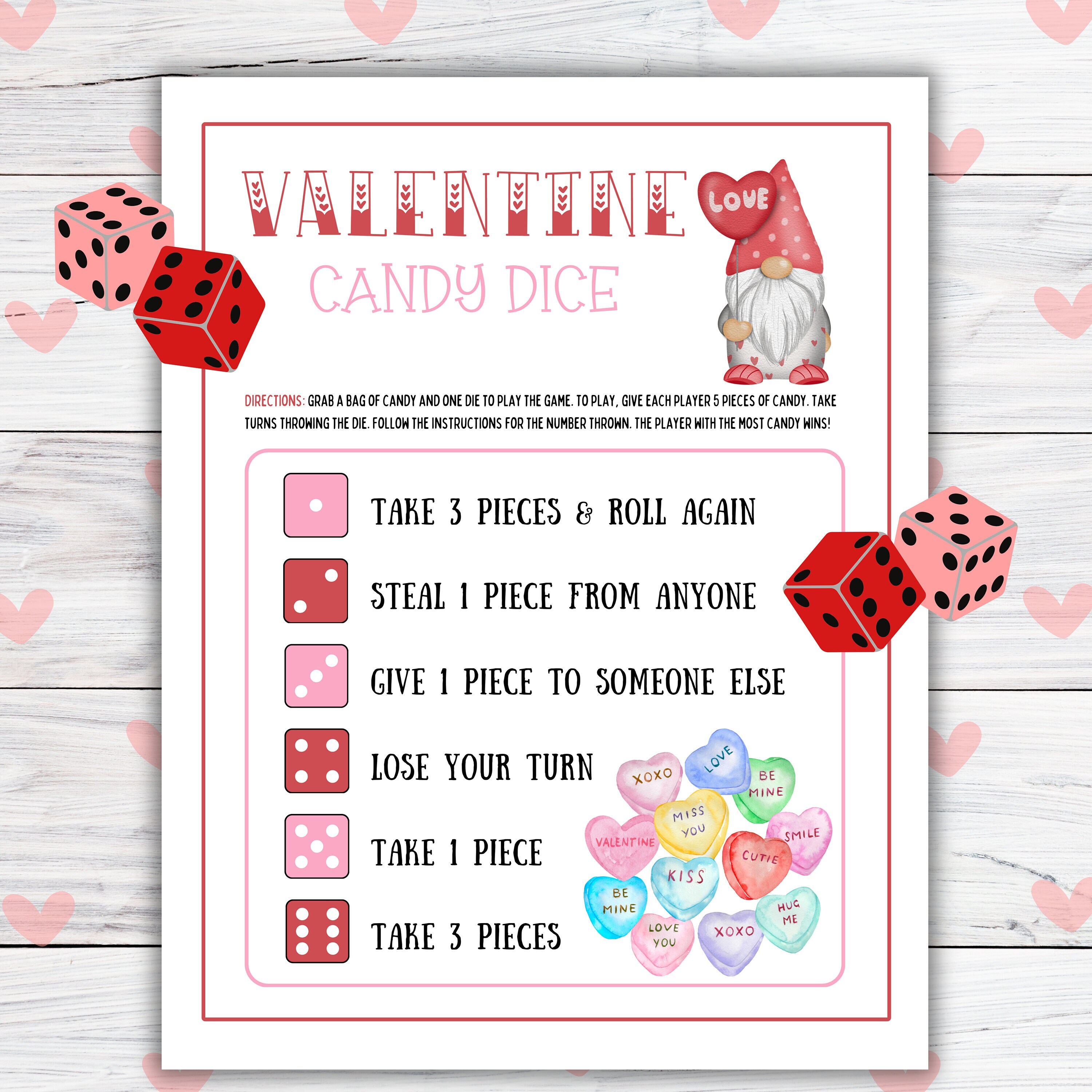 Valentine Gnome Candy Dice Game, Valentines Day Icebreaker Group Games ...