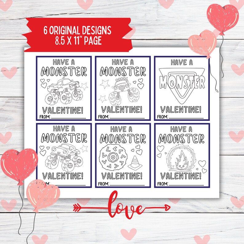 Monster Truck Valentine Coloring Cards Printable, Simple Classmate ...