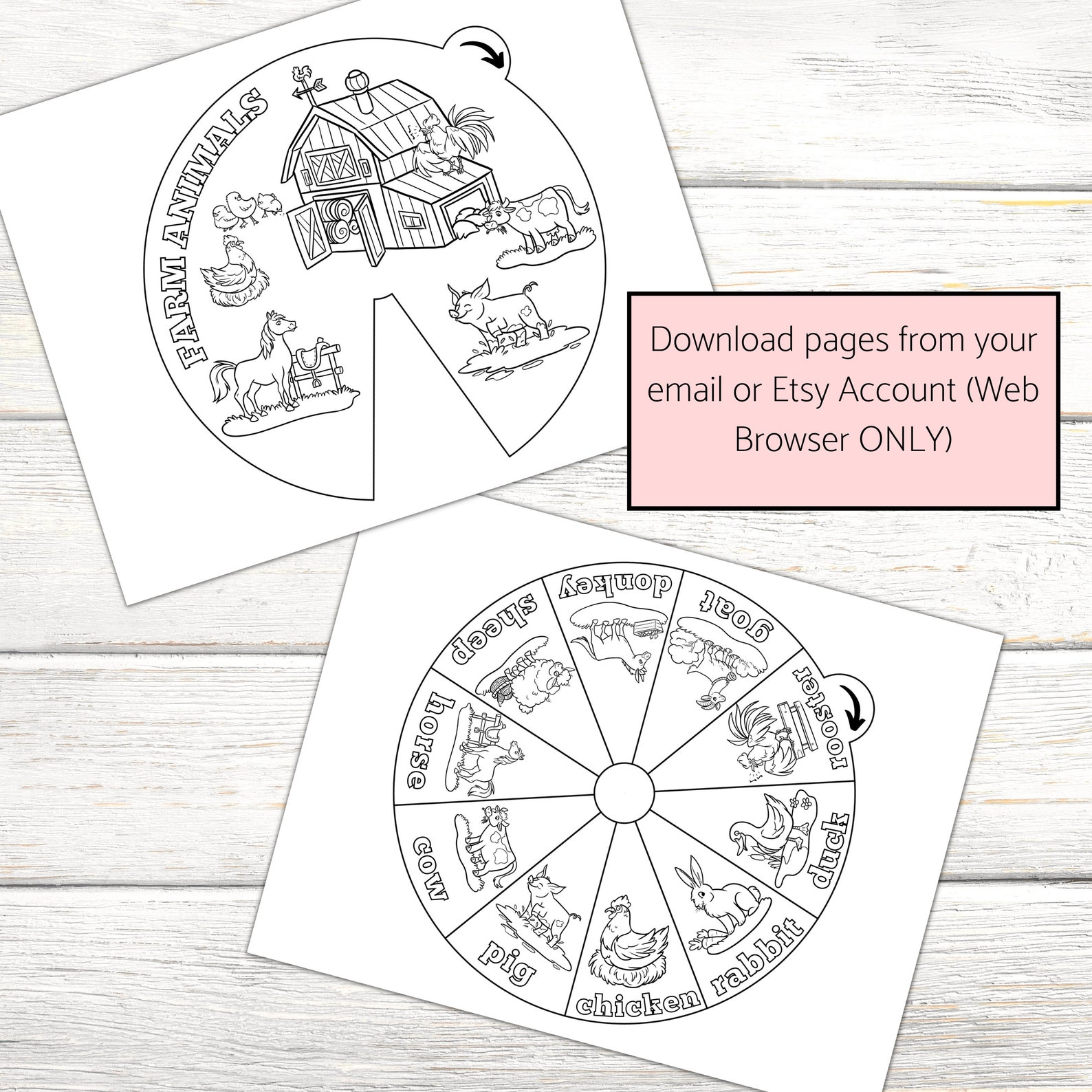 Farm Animals Coloring Wheel, Farm Theme Birthday Party Coloring Page ...