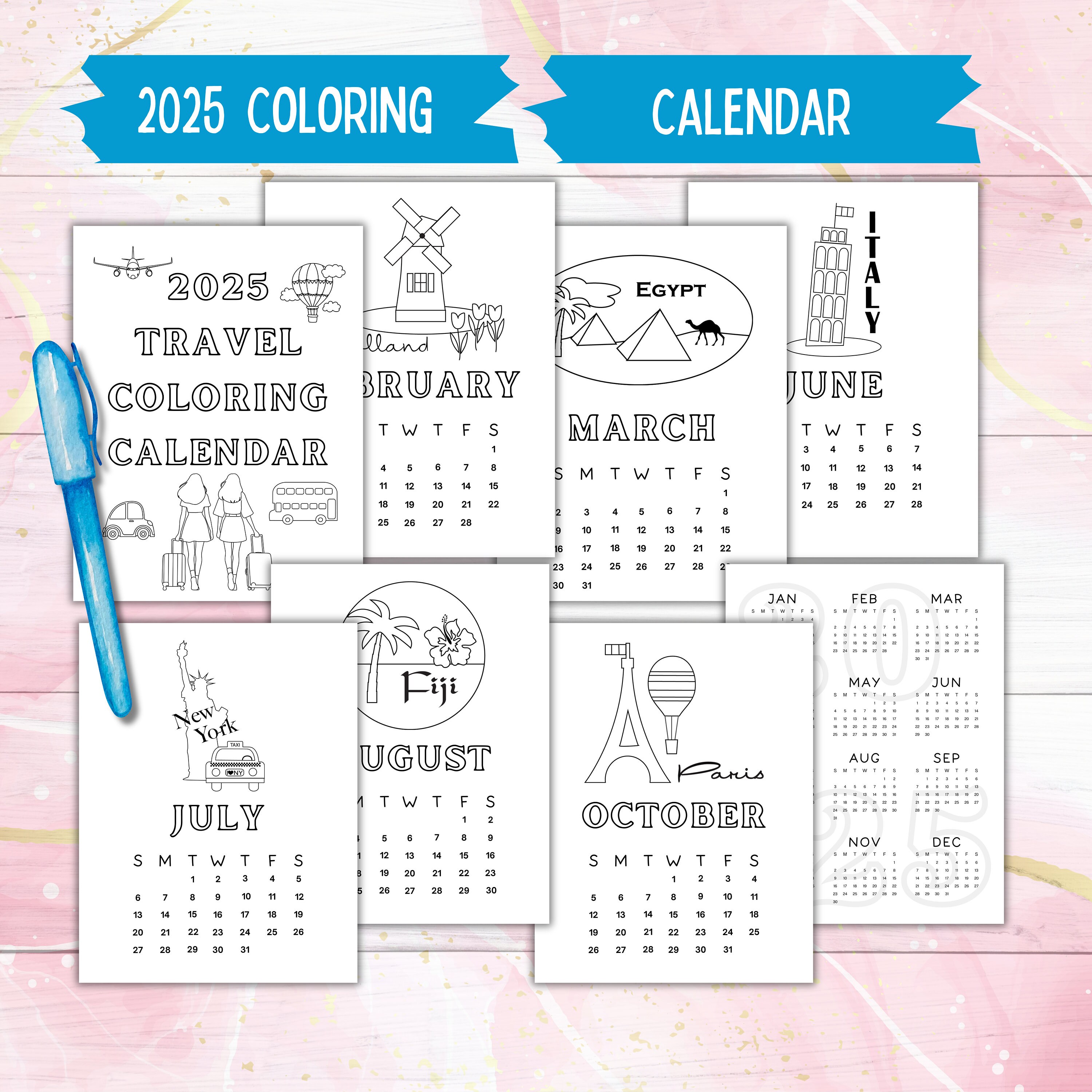 2025 Travel Coloring Calendar, Cute Minimalist Calendar, 2025 Desk ...