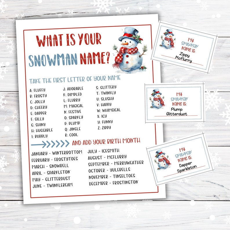 What's Your Snowman Name Game, Christmas Party Game for Group, Holiday ...