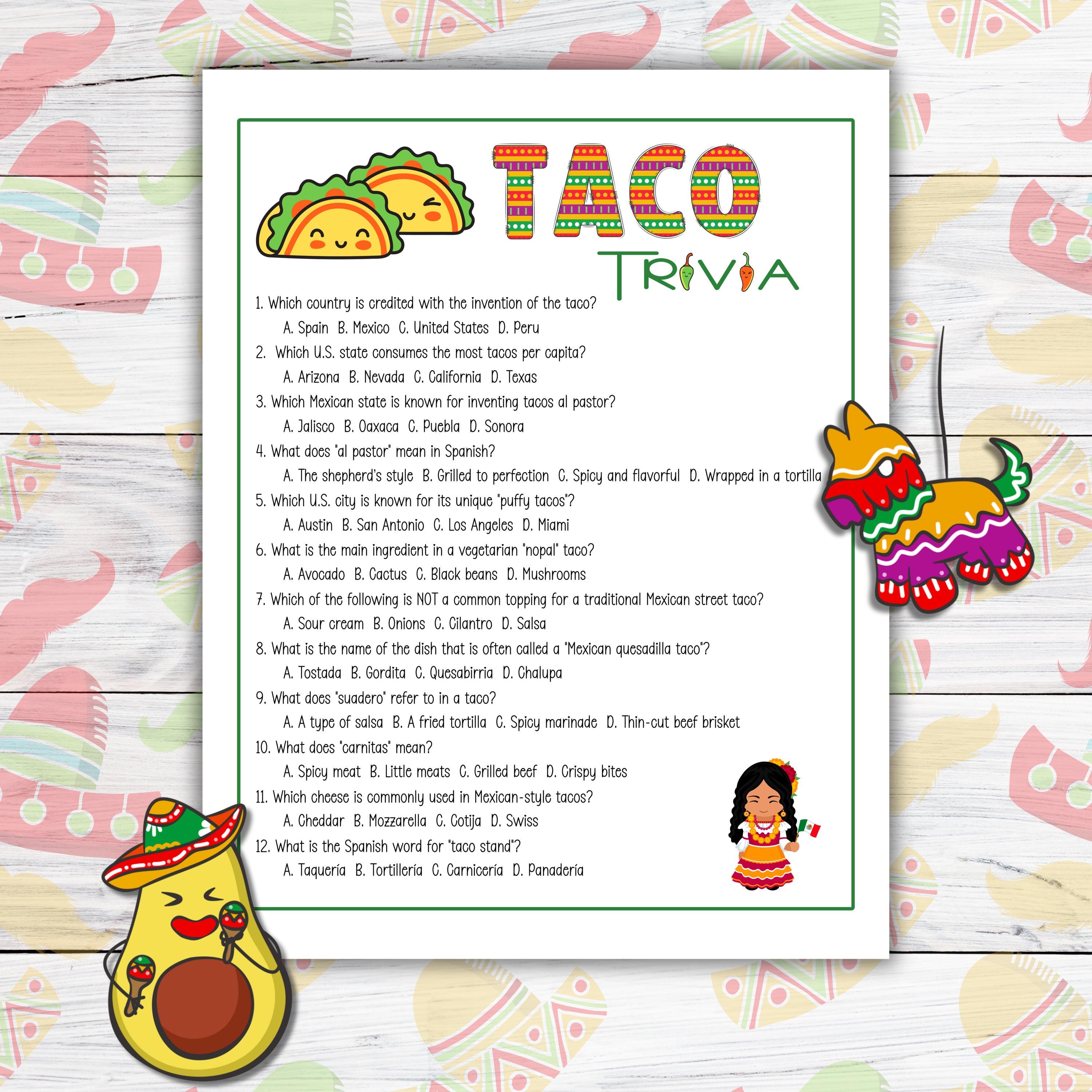 Taco Trivia Game, Mexico Printable Fiesta Game, Cinco De Mayo Party ...