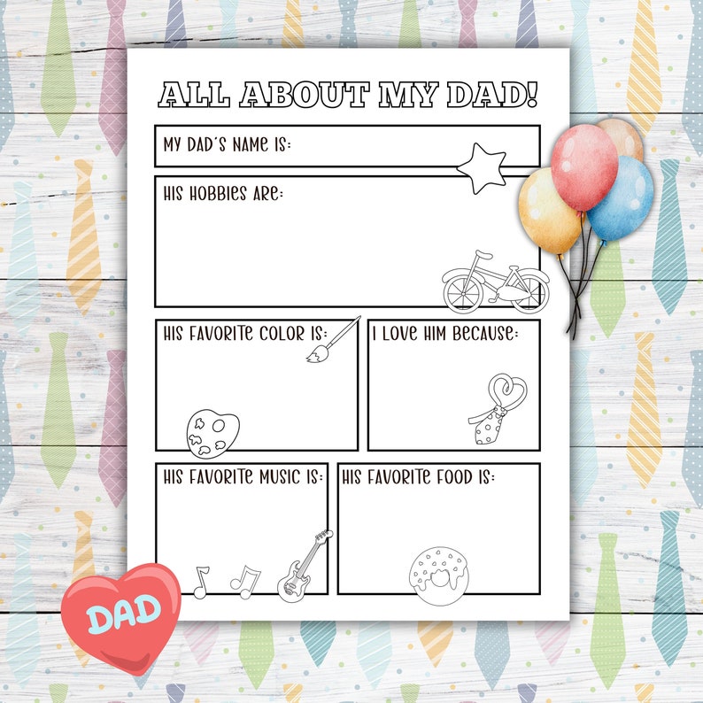All About My Dad, Father's Day Printable DIY Craft Gift for Dad From ...