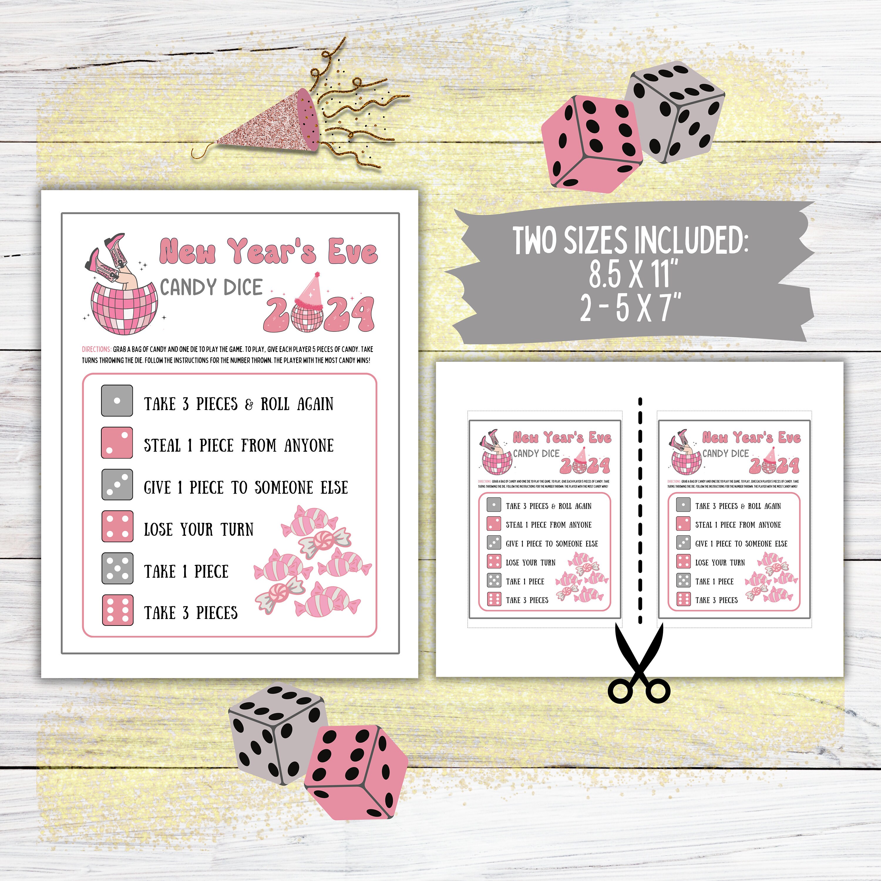 New Years Eve Candy Dice Game Printable, Coastal Cowgirl Pink Disco ...