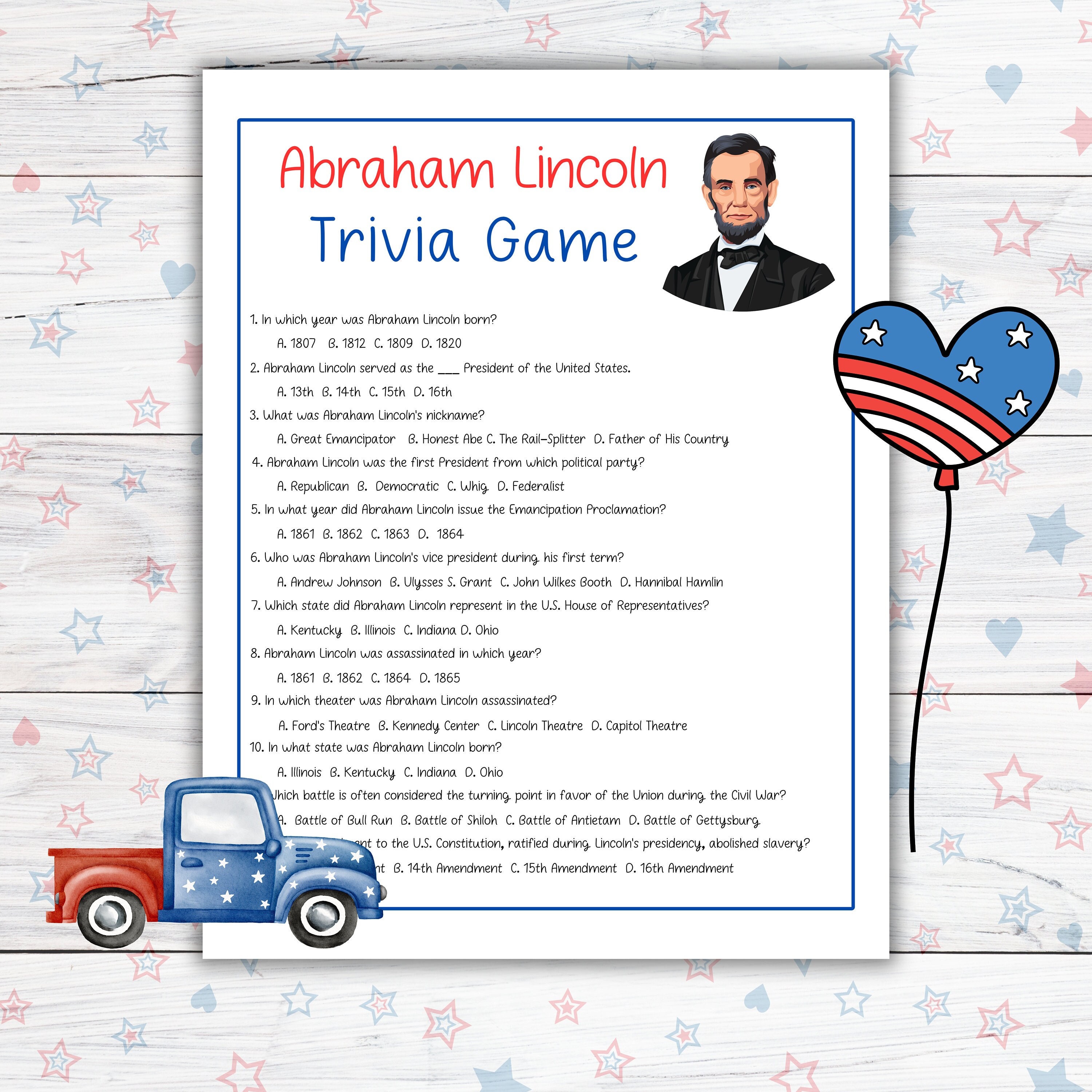 Abraham Lincoln Trivia Game, US Presidents Trivia Questions, Homeschool ...