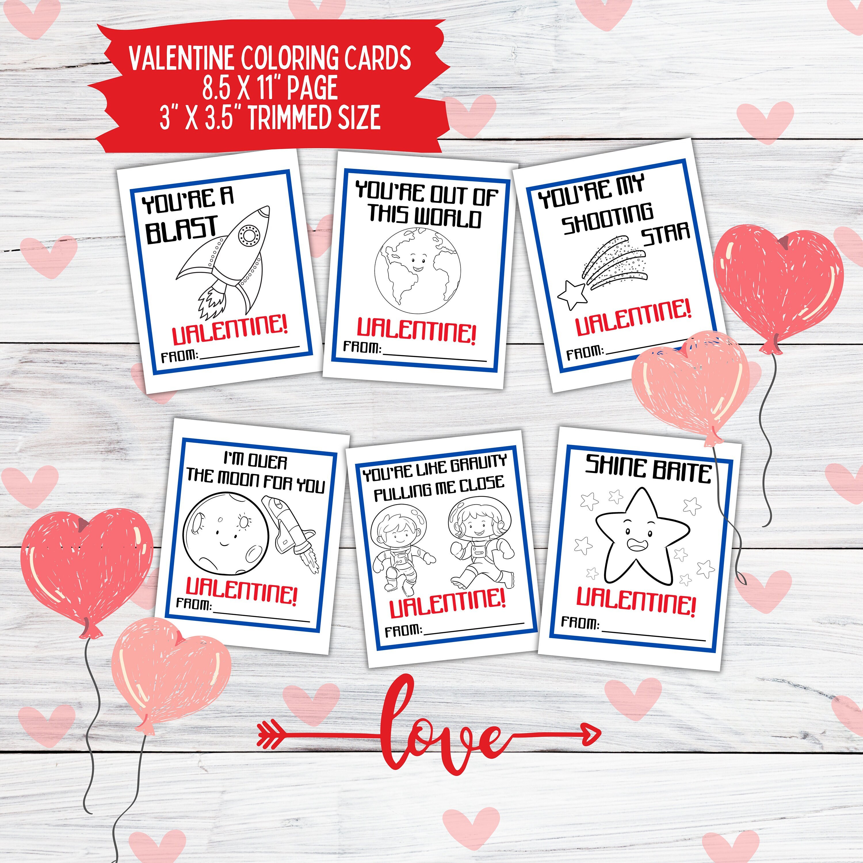 Space Valentine Coloring Cards for Kids, Punny Tween Valentines Class ...