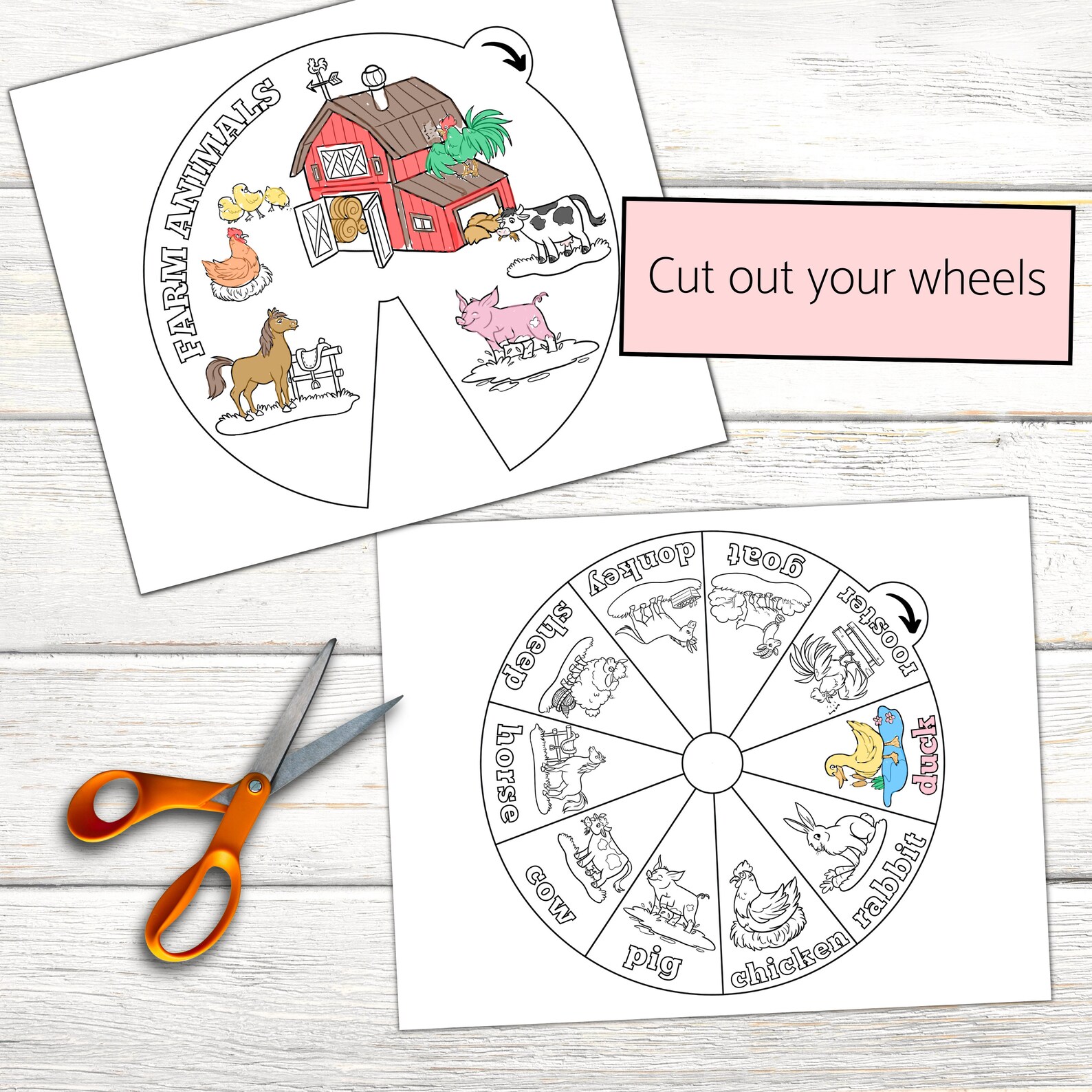 Farm Animals Coloring Wheel, Farm Theme Birthday Party Coloring Page ...