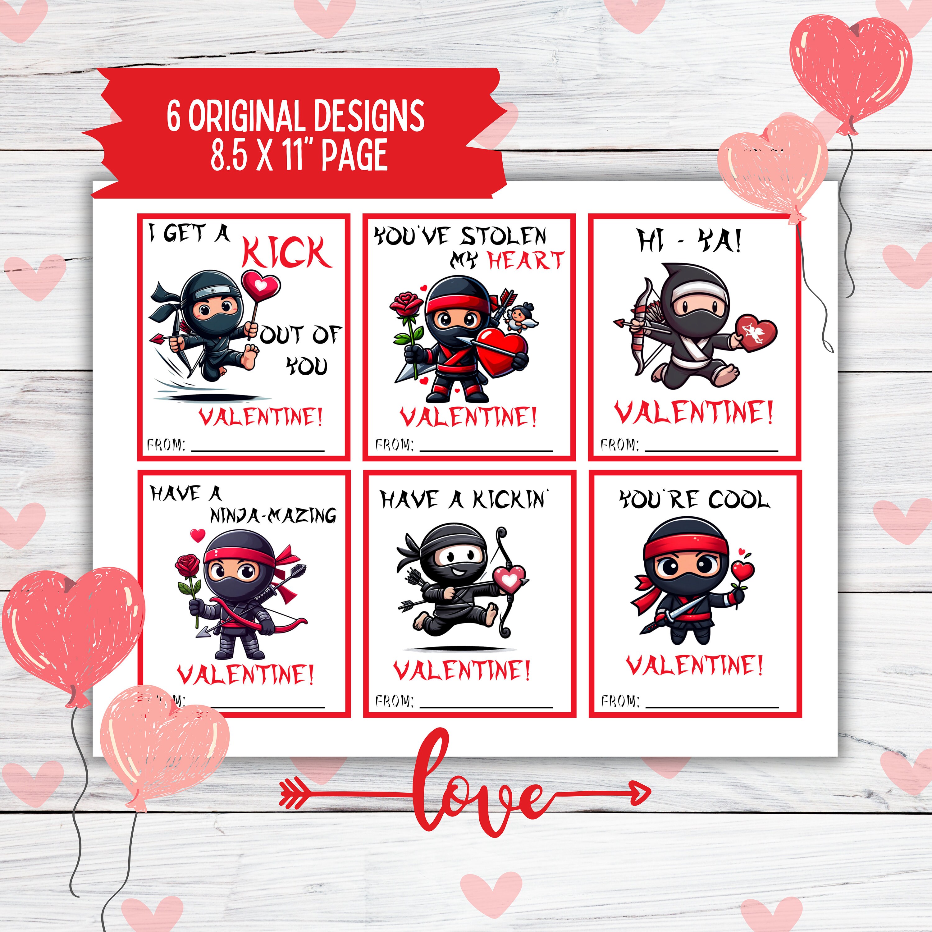 Cute Simple Ninja Valentine Printable Cards for Kids, Punny Tween ...