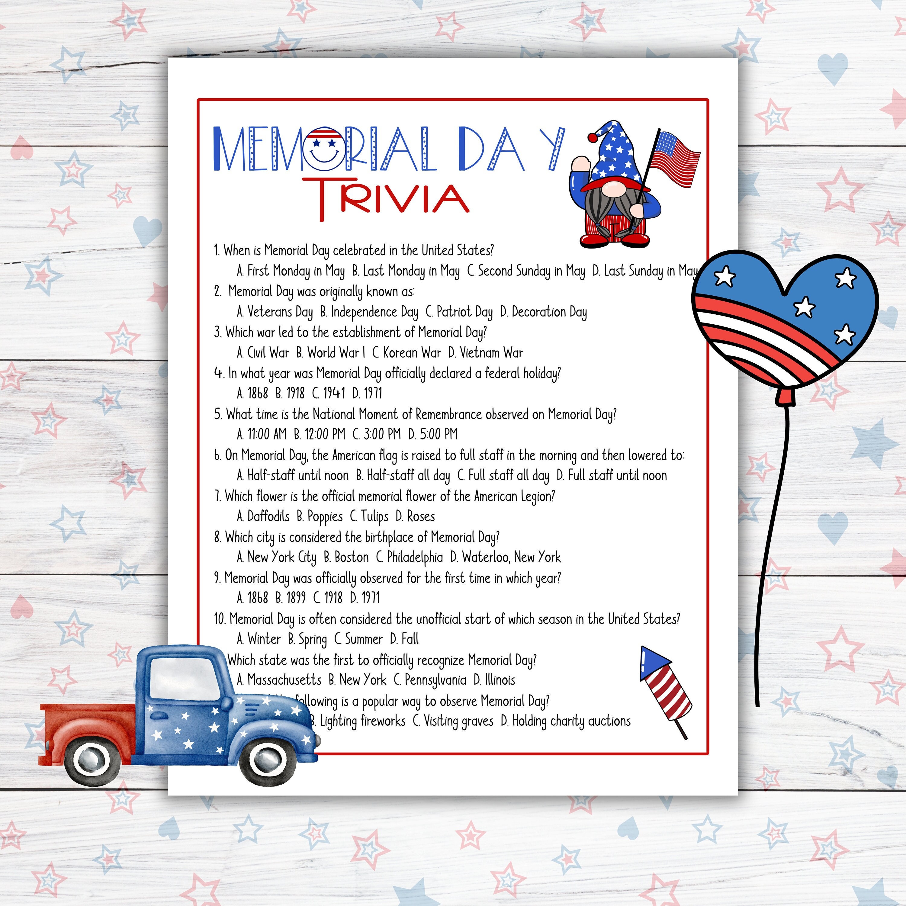 Memorial Day Trivia Game, Memorial Day Trivia Questions, Patriotic ...