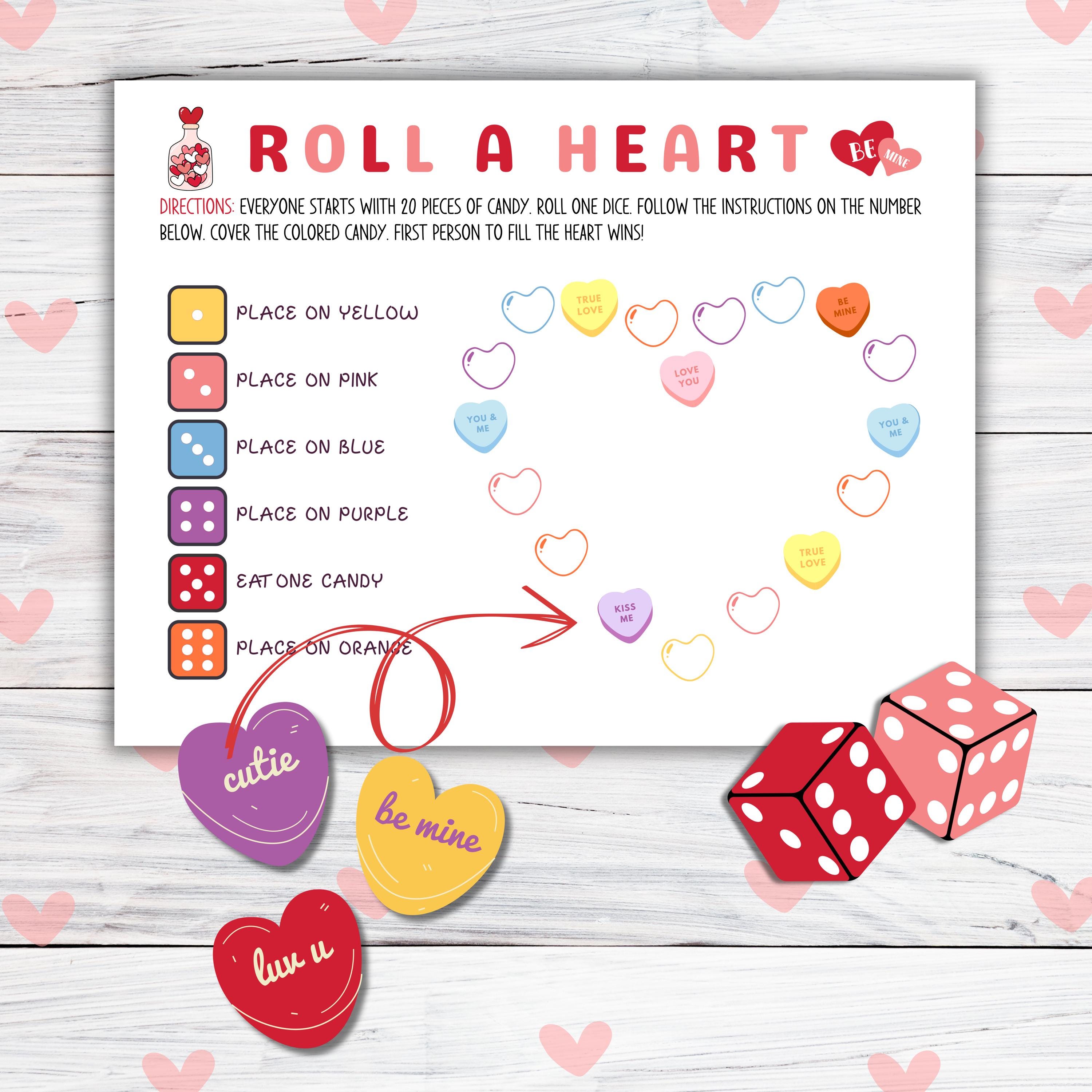 Valentine Roll a Heart Game, Printable Valentine Candy Dice Game ...