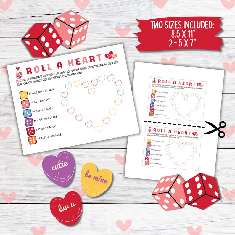 Valentine Roll a Heart Game, Printable Valentine Candy Dice Game ...