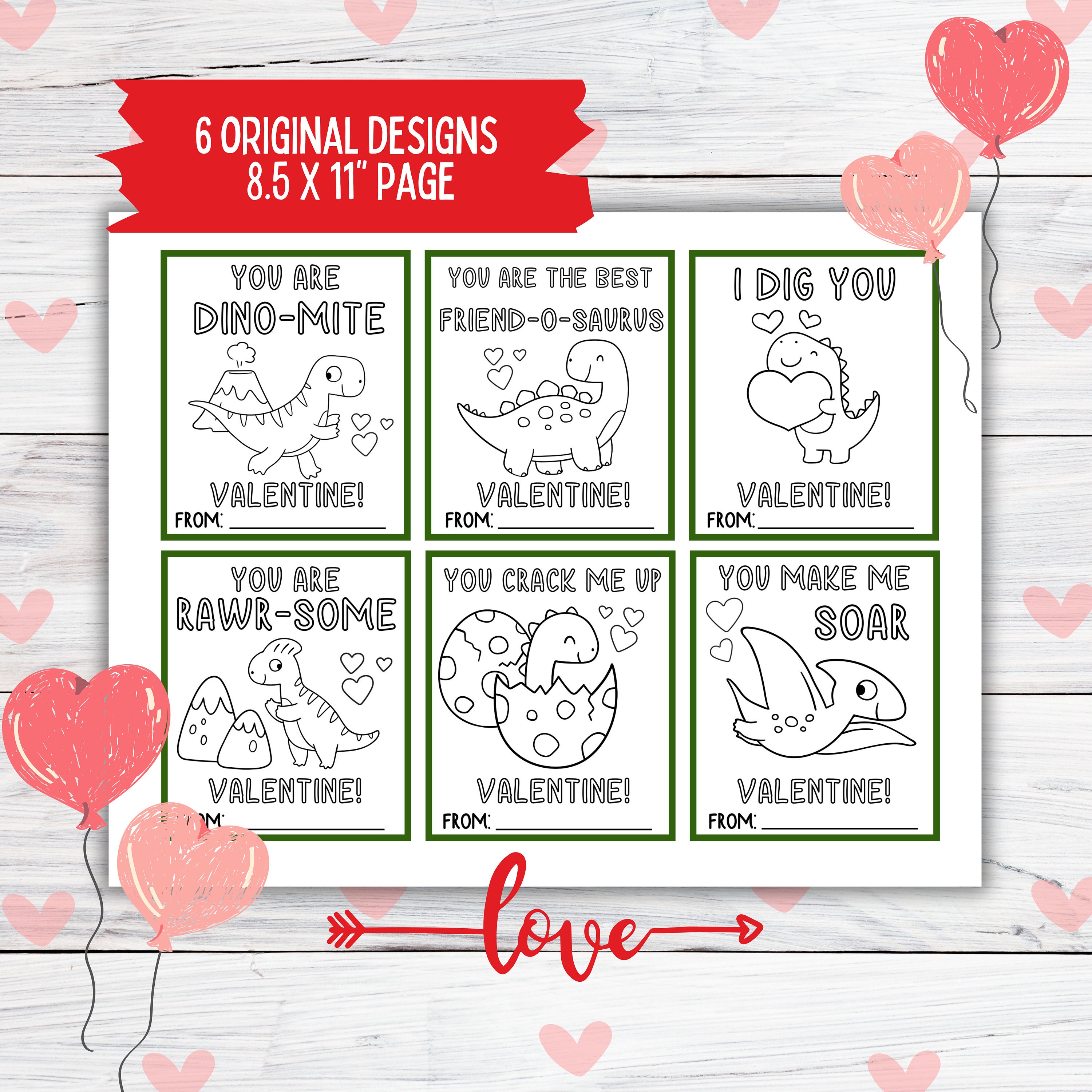 Dinosaur Valentines Coloring Cards Printable, Punny Simple Classmate ...