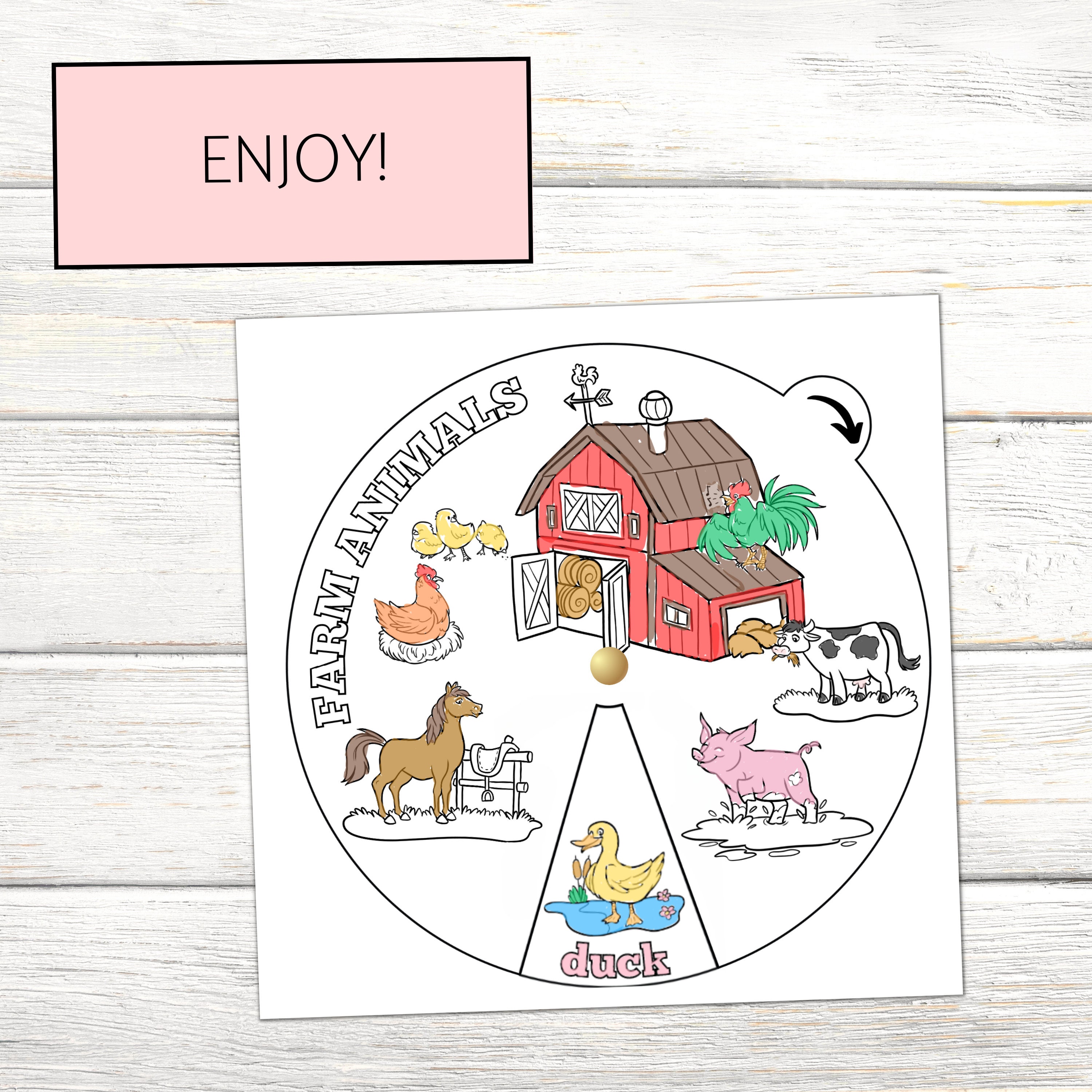 Farm Animals Coloring Wheel, Farm Theme Birthday Party Coloring Page ...