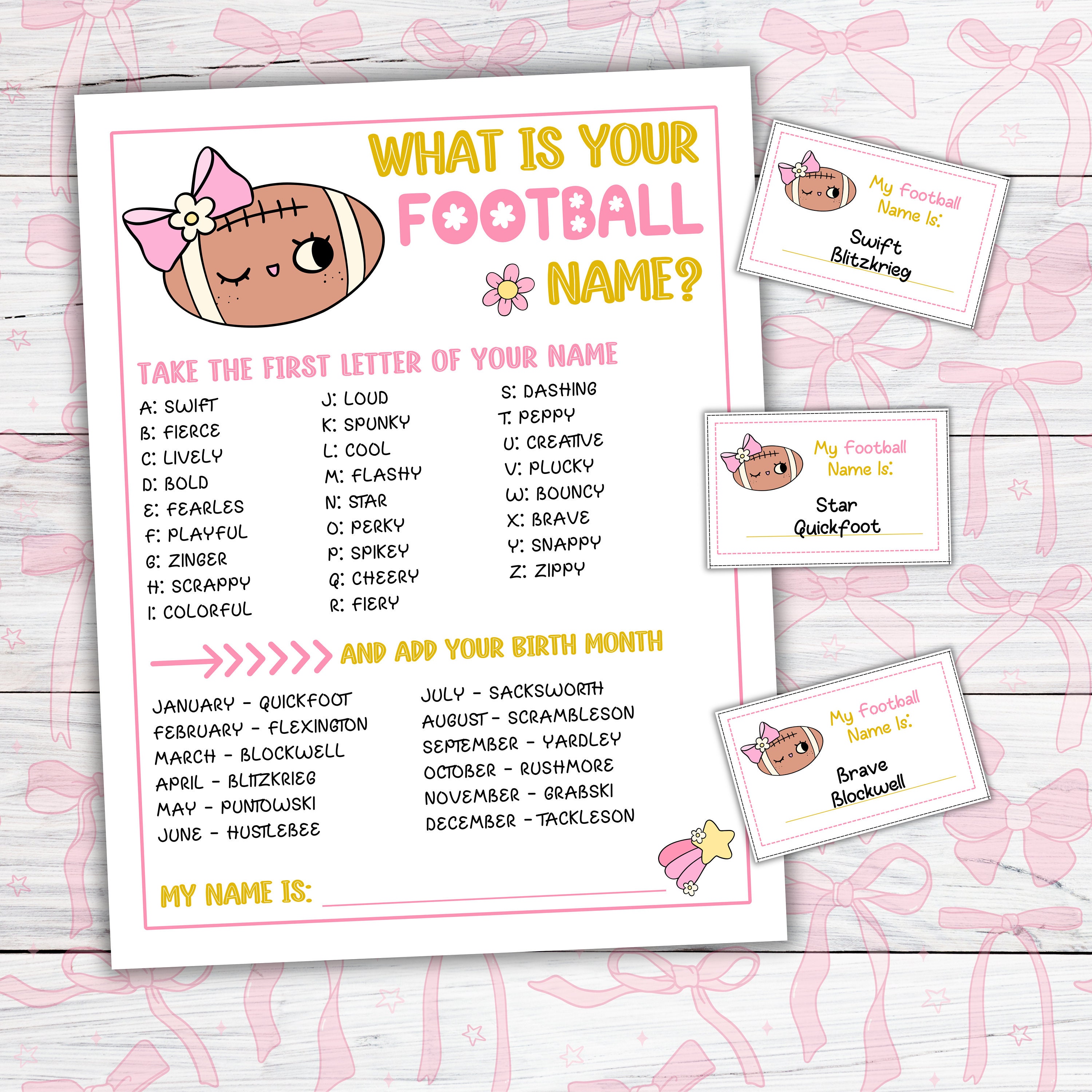 Coquette Football Name Game, Pink Coquette American Football Name Game ...