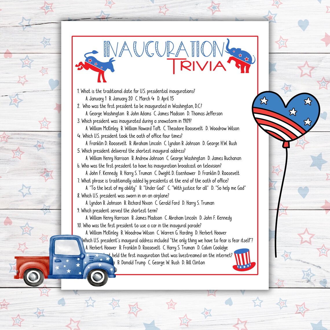 Inauguration Day Trivia Game, US Inauguration Printable Game ...