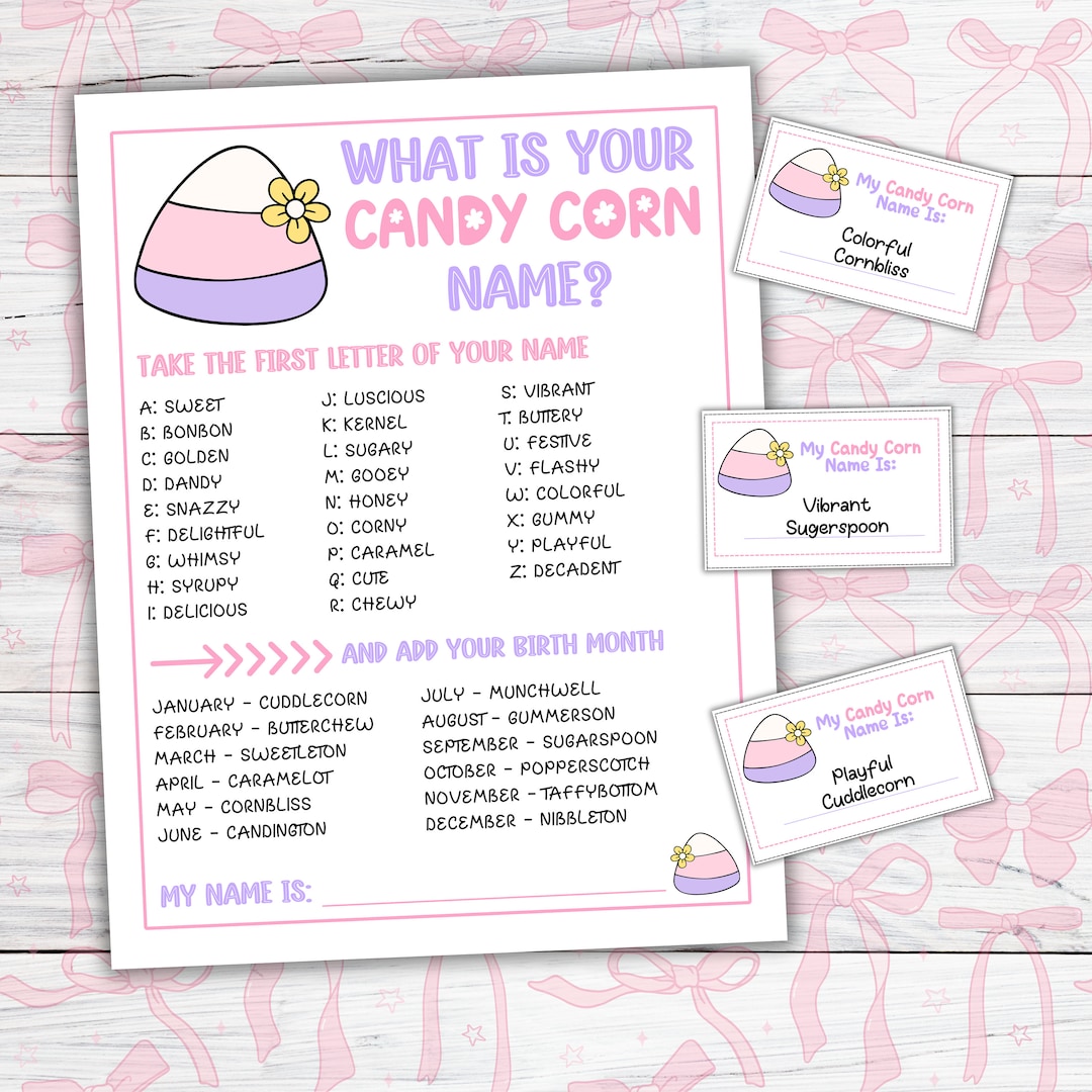 Coquette Candy Corn Name Game, Pink Coquette Halloween Printable Party ...