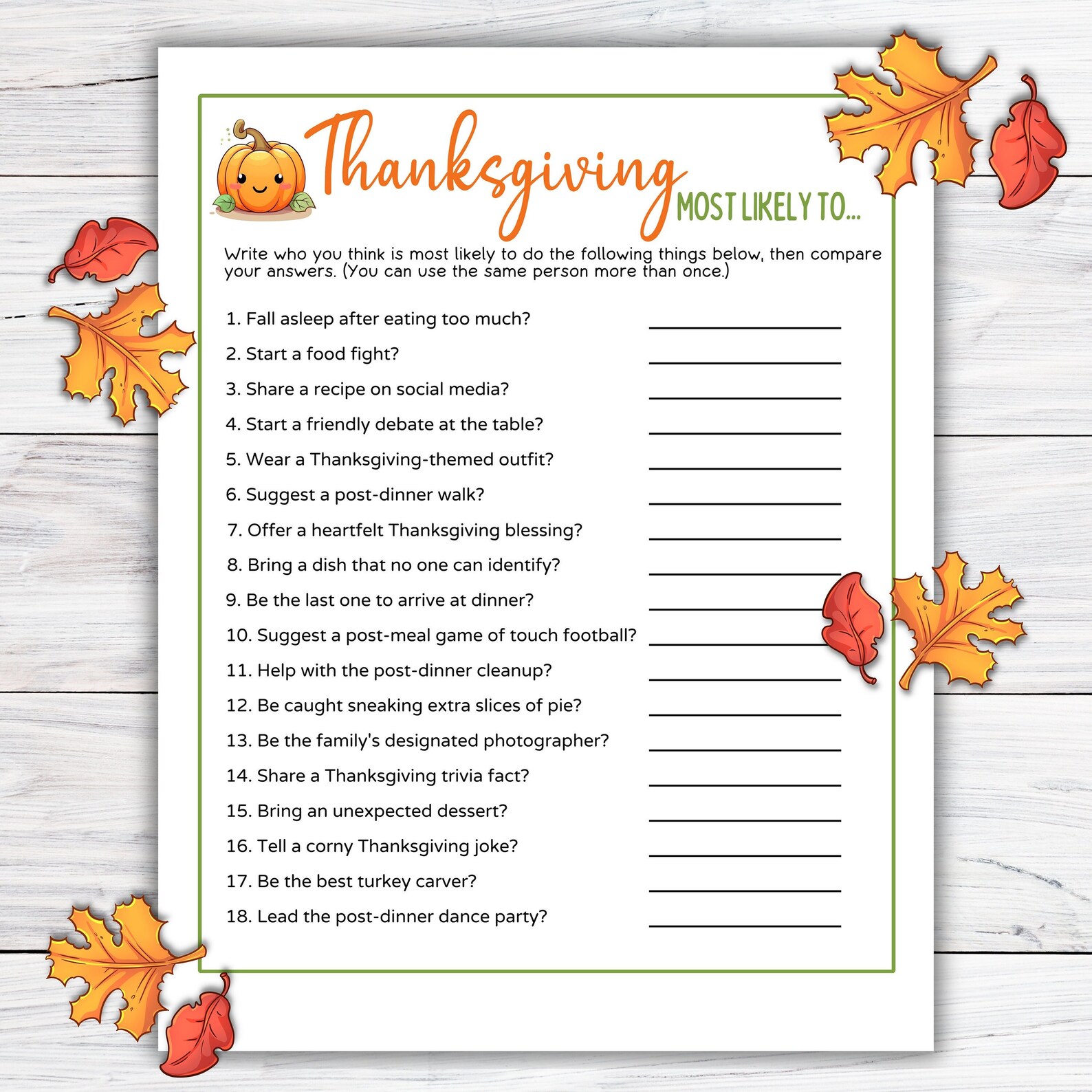 Thanksgiving Most Llikely To, Thanksgiving Game Printable ...