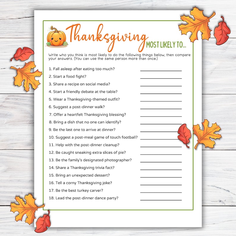 Thanksgiving Most Llikely To, Thanksgiving Game Printable ...