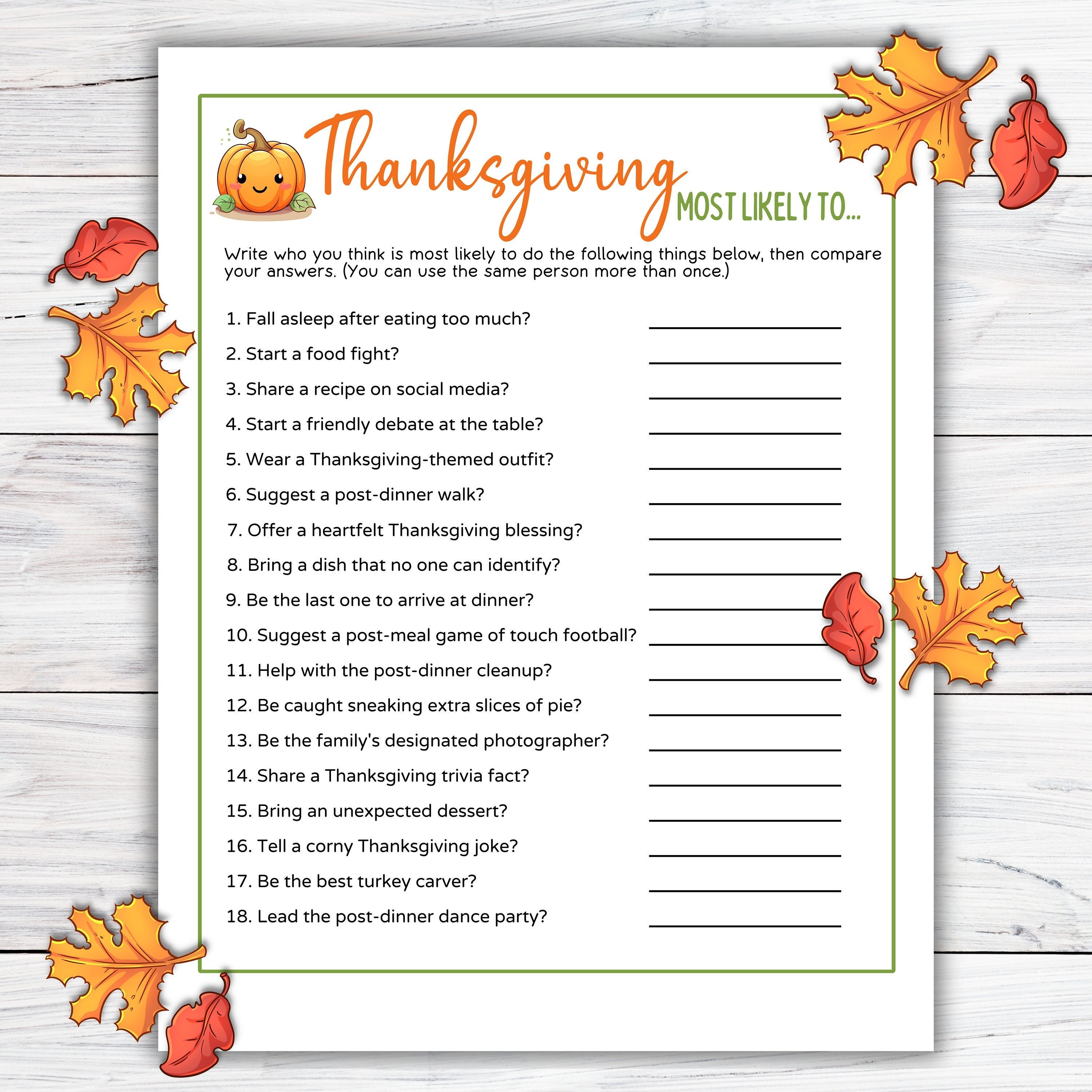Thanksgiving Most Llikely To, Thanksgiving Game Printable ...