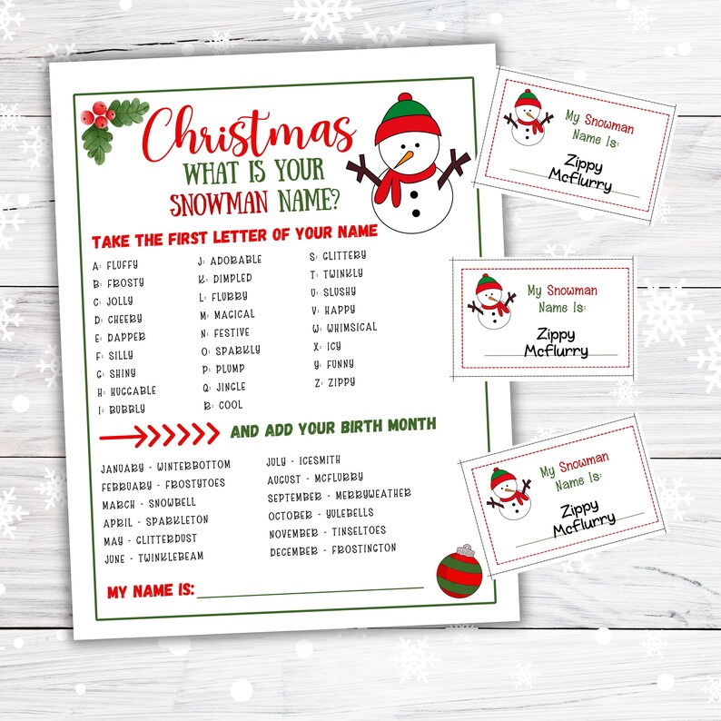 What's Your Snowman Name Game, Christmas Party Game for Group, Holiday ...