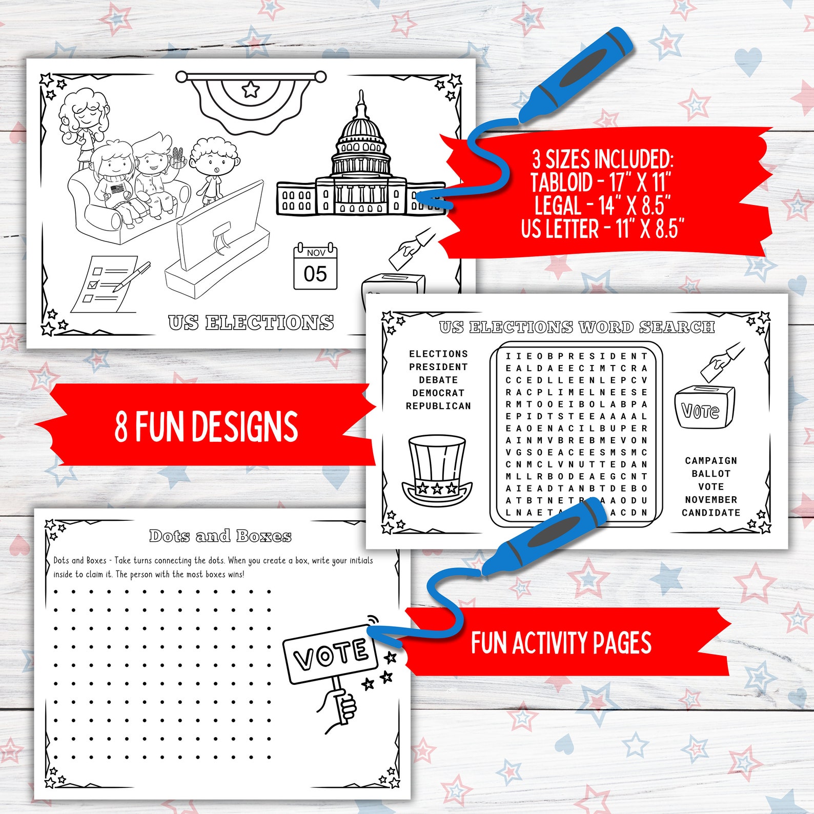 US Election Day Coloring Activity Placemats, US Election Day Games ...