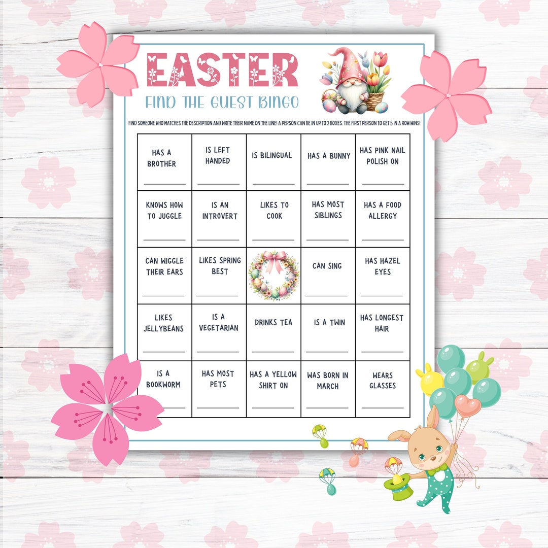 Easter Gnome Find the Guest Bingo Game, Easter Printable Icebreaker ...