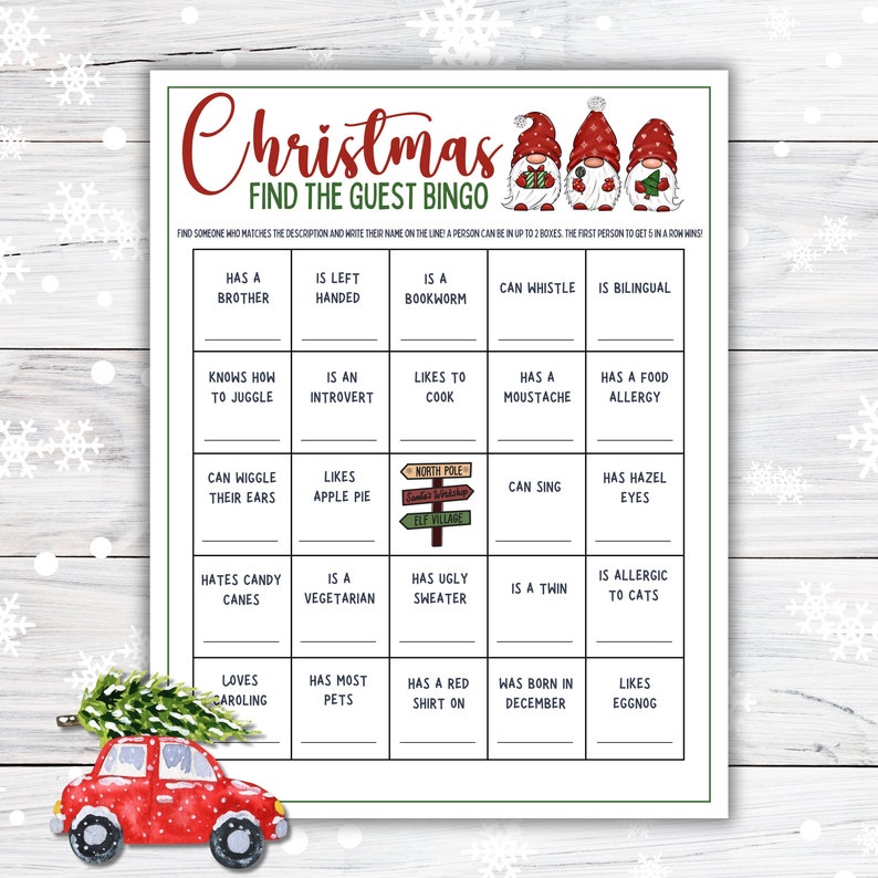Find the Guest Christmas Gnome Bingo, Christmas Party Games Printable ...