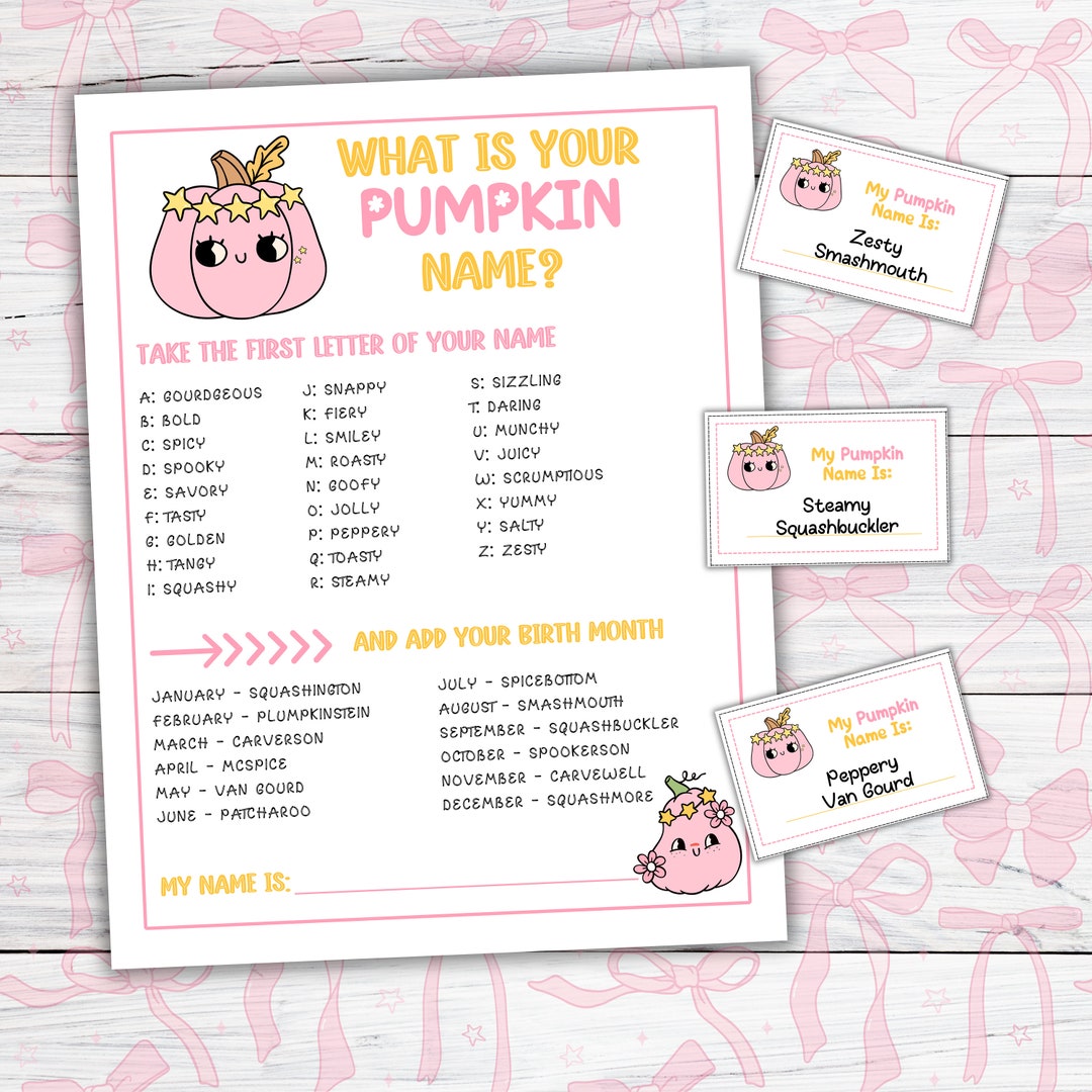 Coquette Pumpkin Name Game, Pink Coquette Halloween Printable Party ...