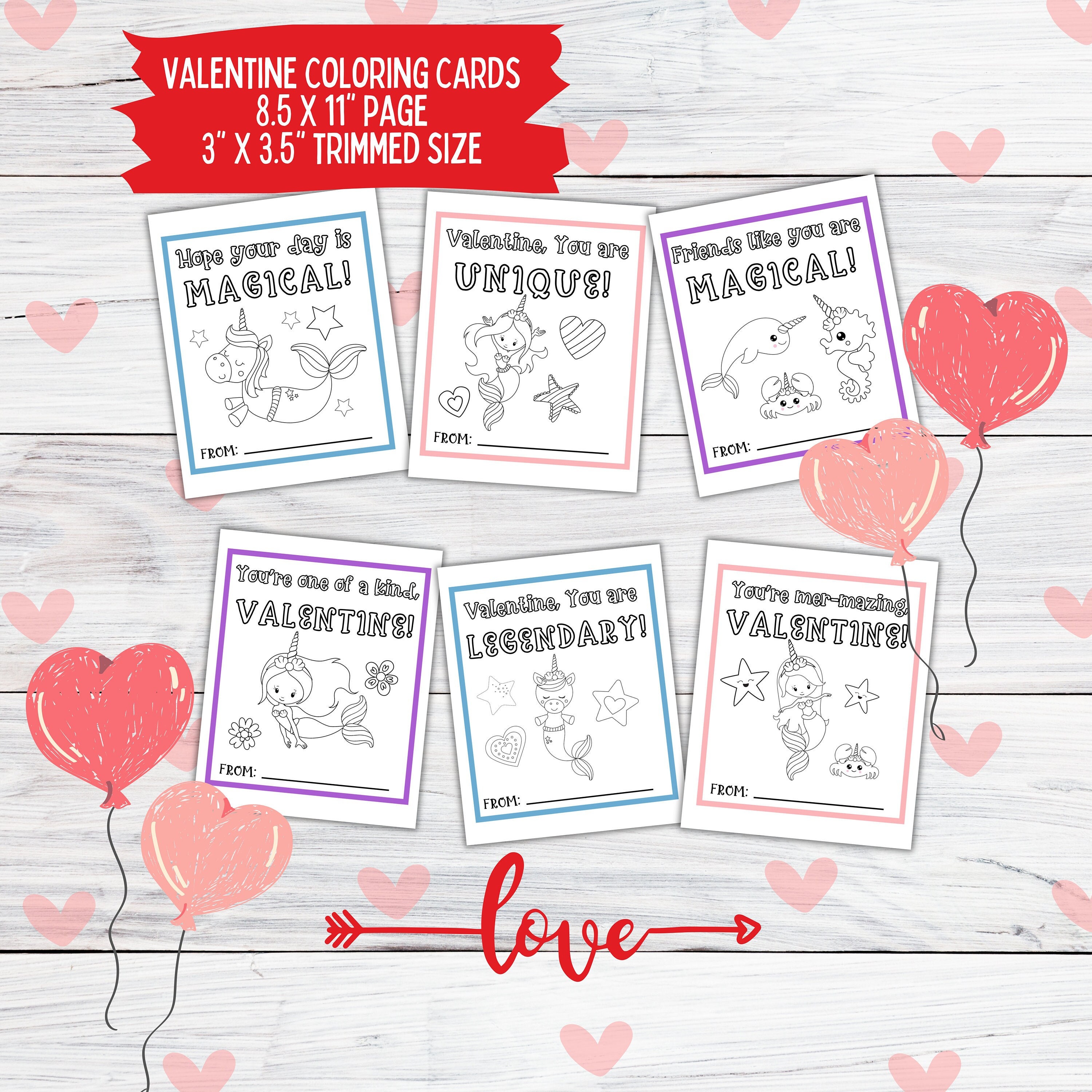 Unicorn Valentine Coloring Cards Printable, Simple Classmate Punny ...