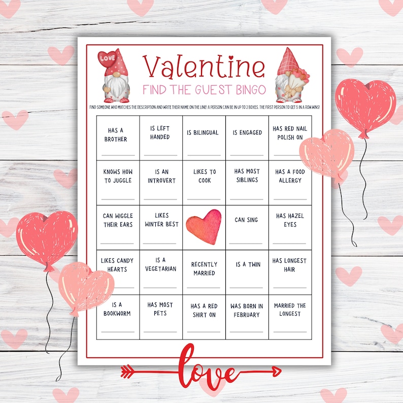 Valentine Gnome Find the Guest Bingo Game, Valentine Day Icebreaker ...