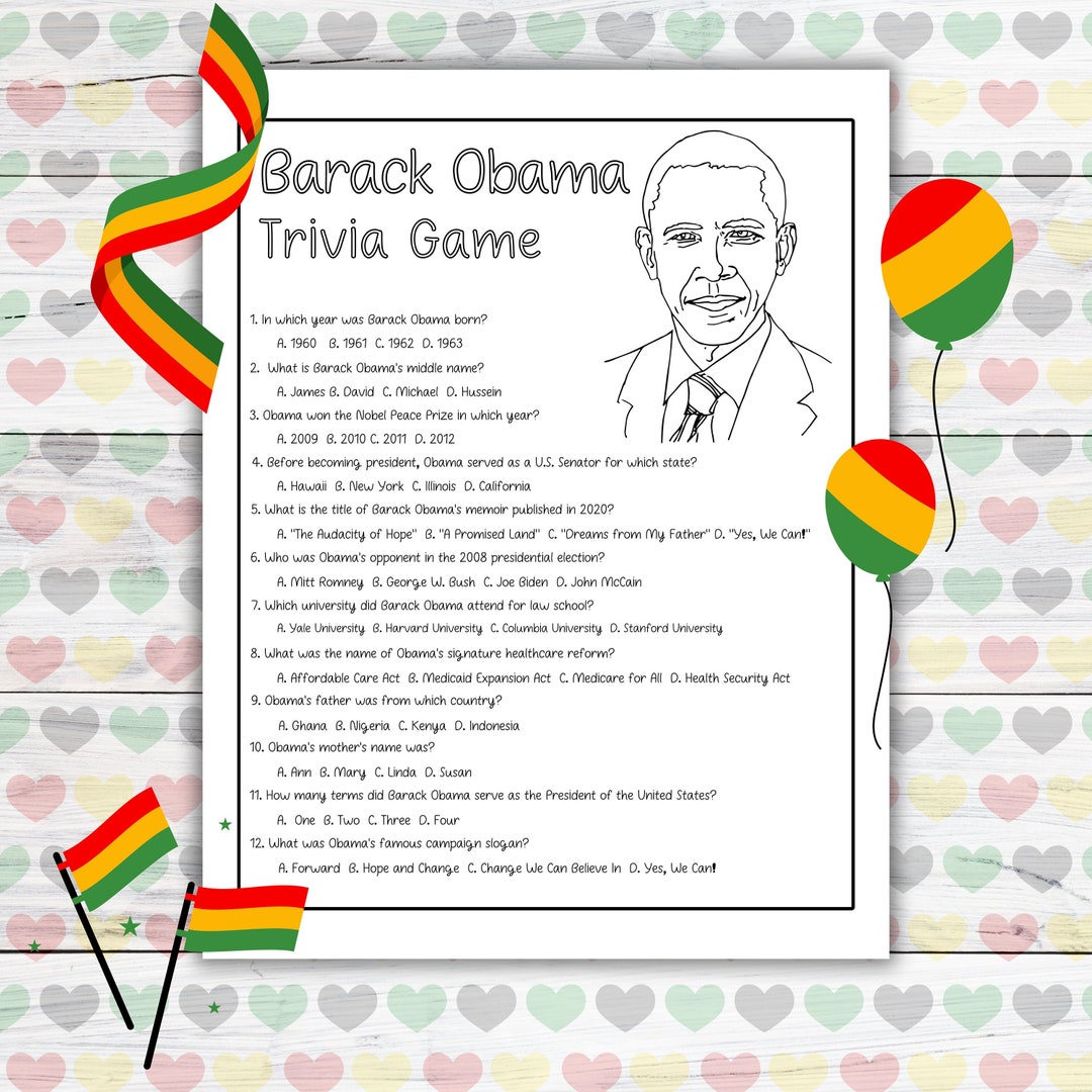 Barack Obama Trivia Game, Black History Month Coloring Page Digital ...